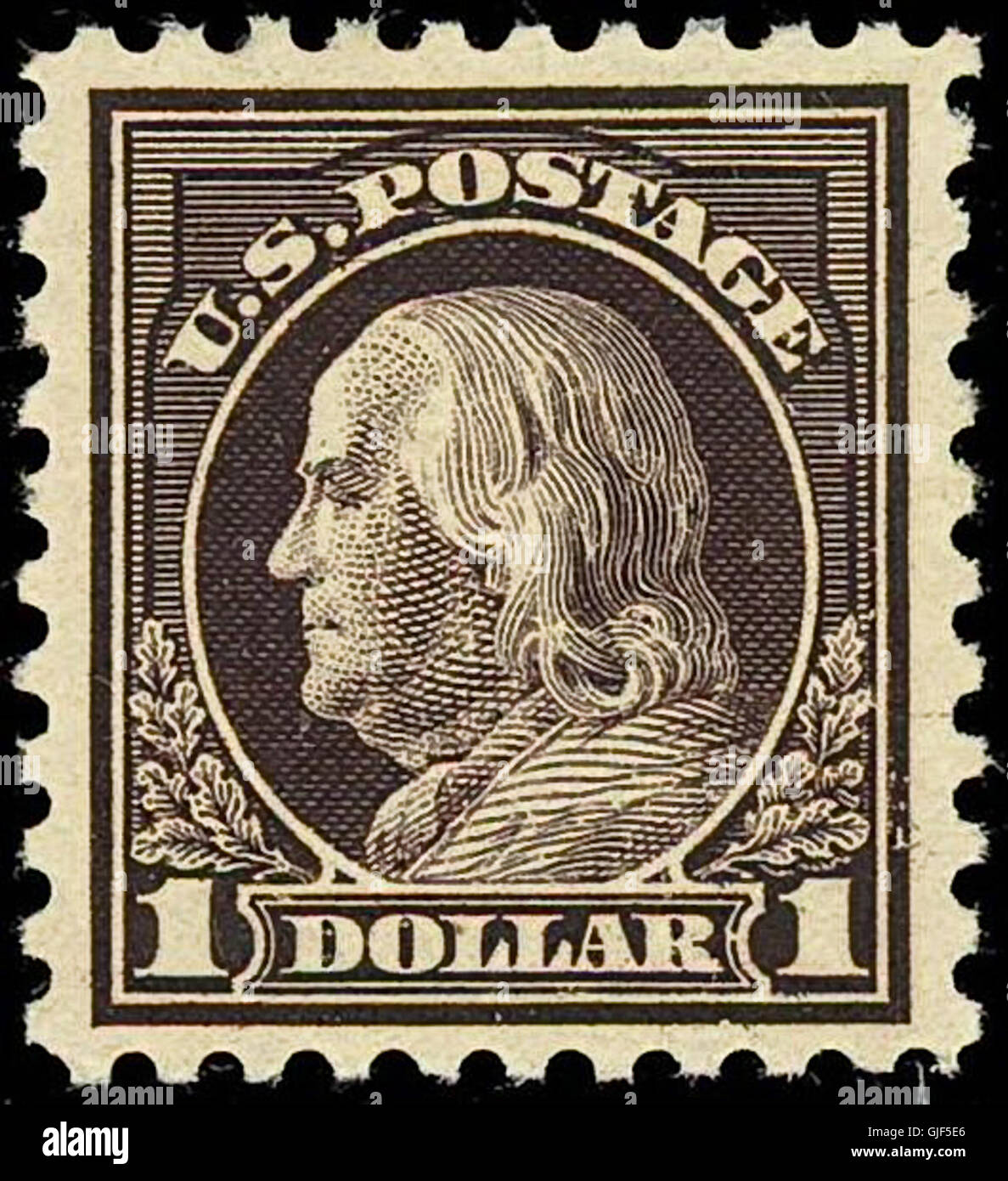 The 1914 WF Franklin 1-dollar stamp features a portrait of Benjamin ...