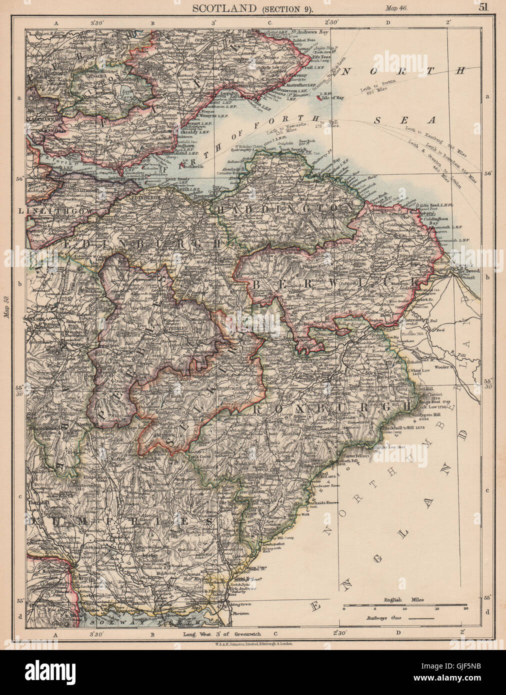 SCOTTISH BORDERS.Roxburgh Berwick Edinburgh Selkirk Haddington.JOHNSTON ...