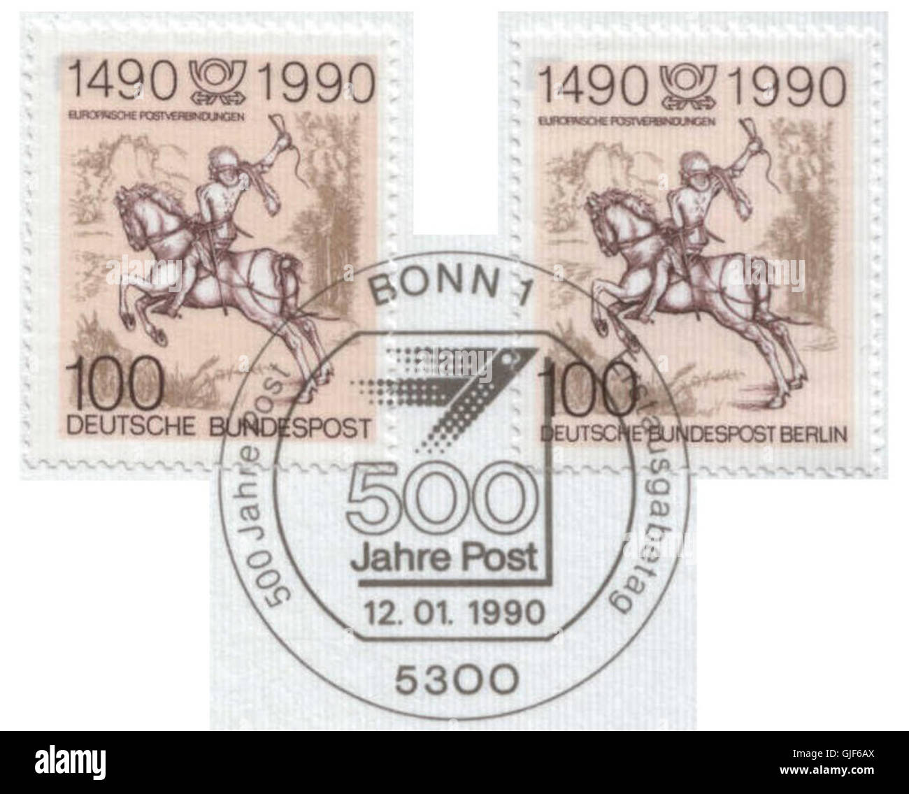 The Bm-postreiter stamp features a historical figure riding horseback ...