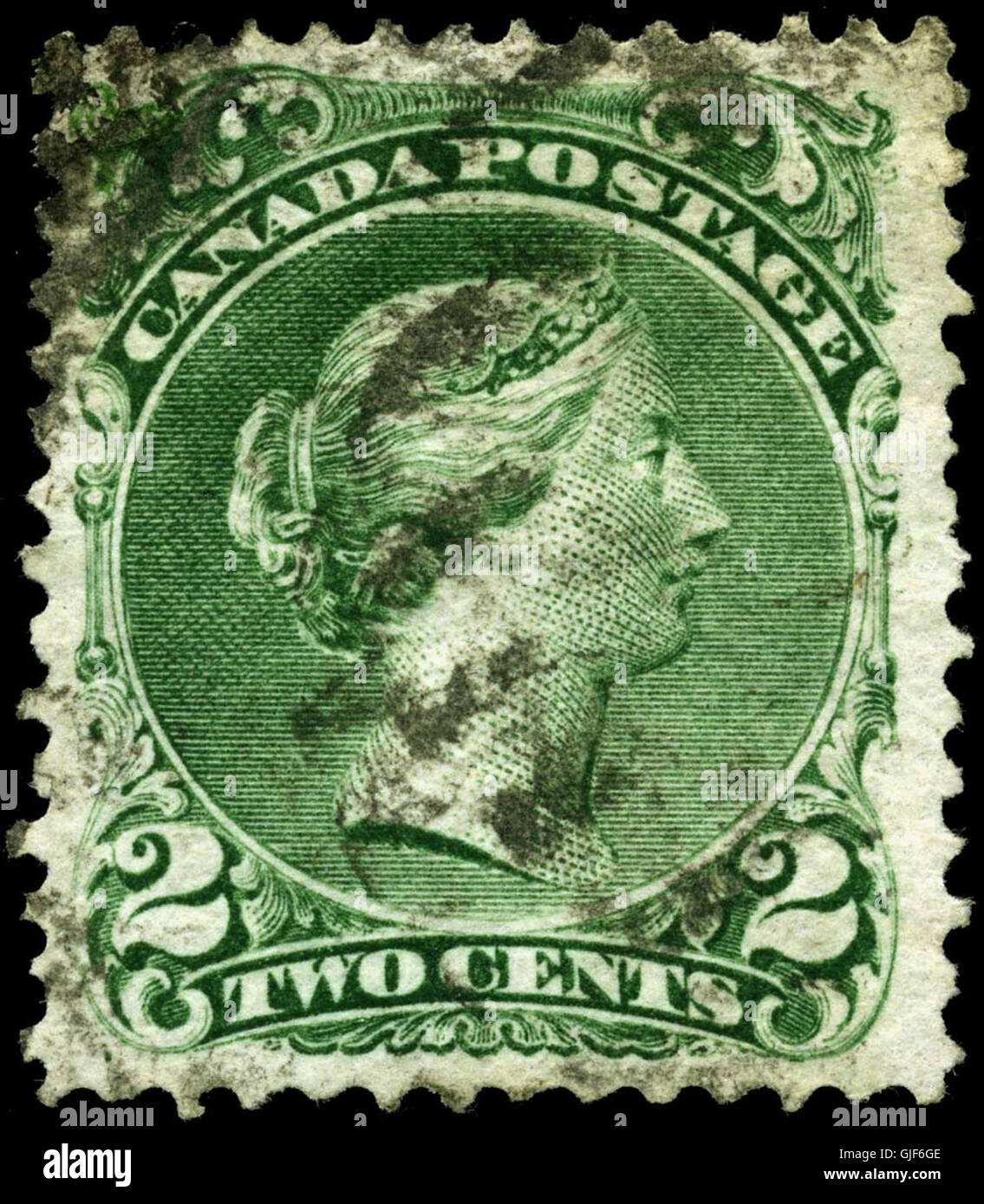 The 1868 2-cent Canada stamp features a portrait of Queen Victoria ...
