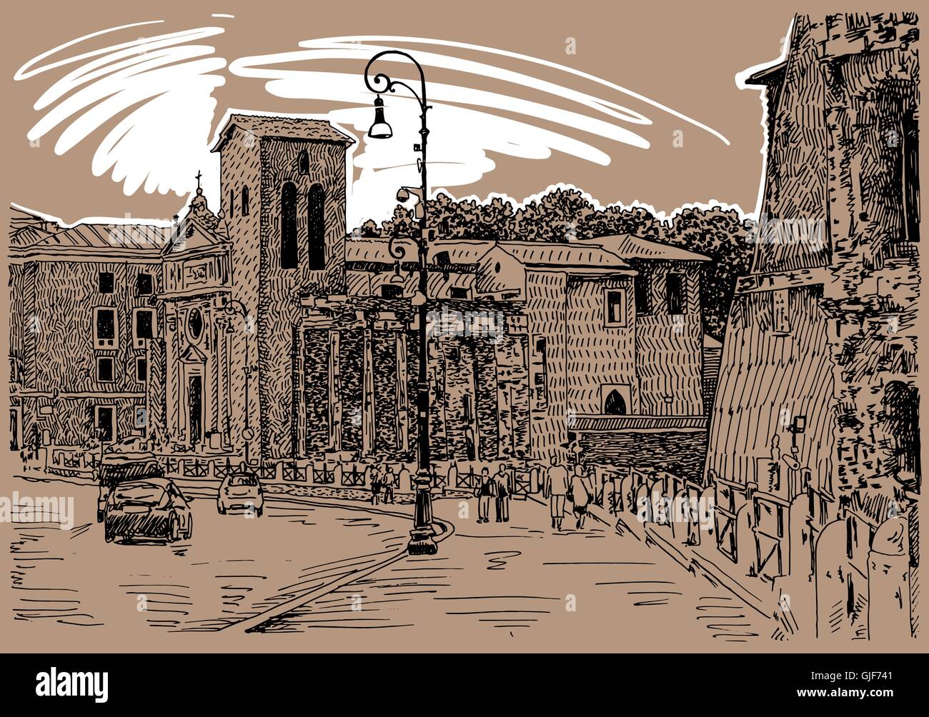 original sketch hand drawing of Rome Italy famous cityscape, tra Stock ...