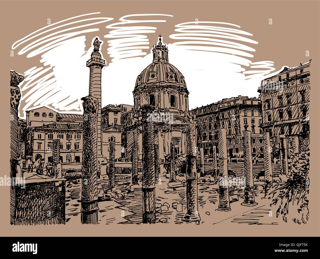 original sketch hand drawing of Rome Italy famous cityscape, tra Stock ...