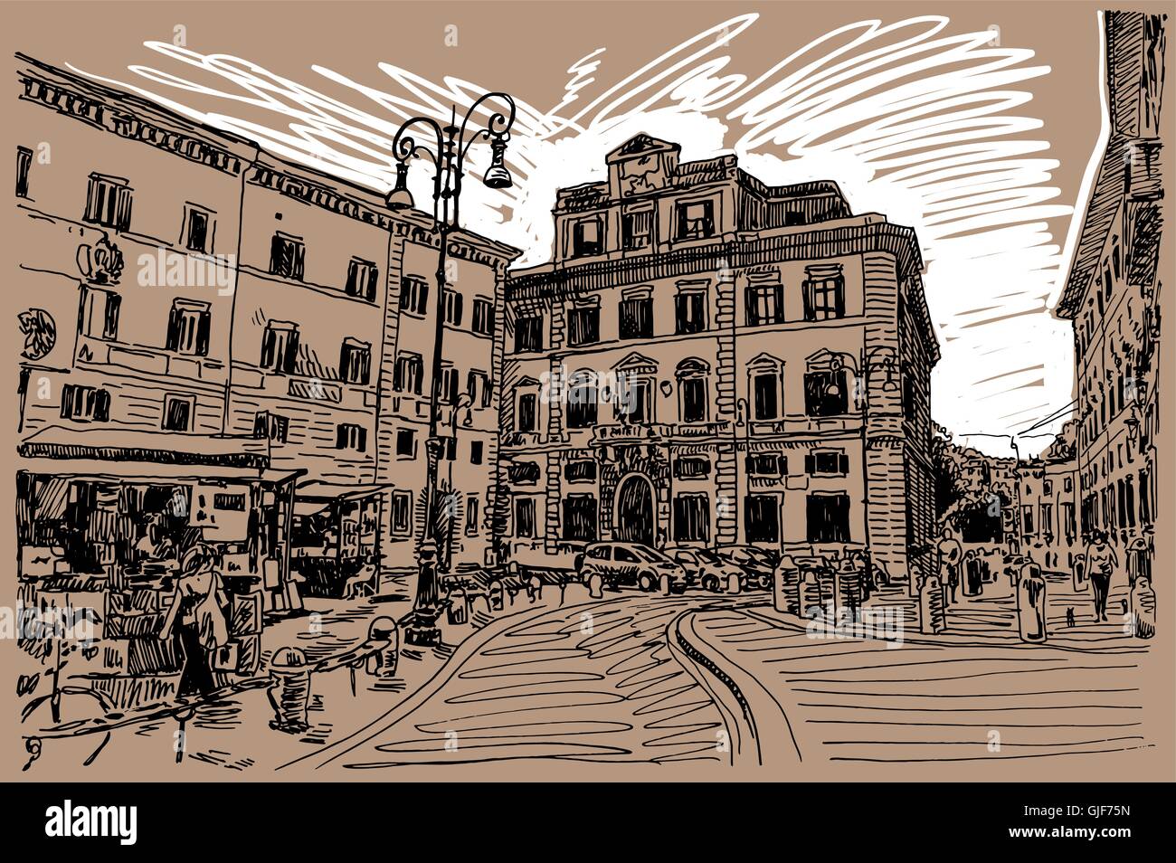 original sketch hand drawing of Rome Italy famous cityscape, tra Stock ...