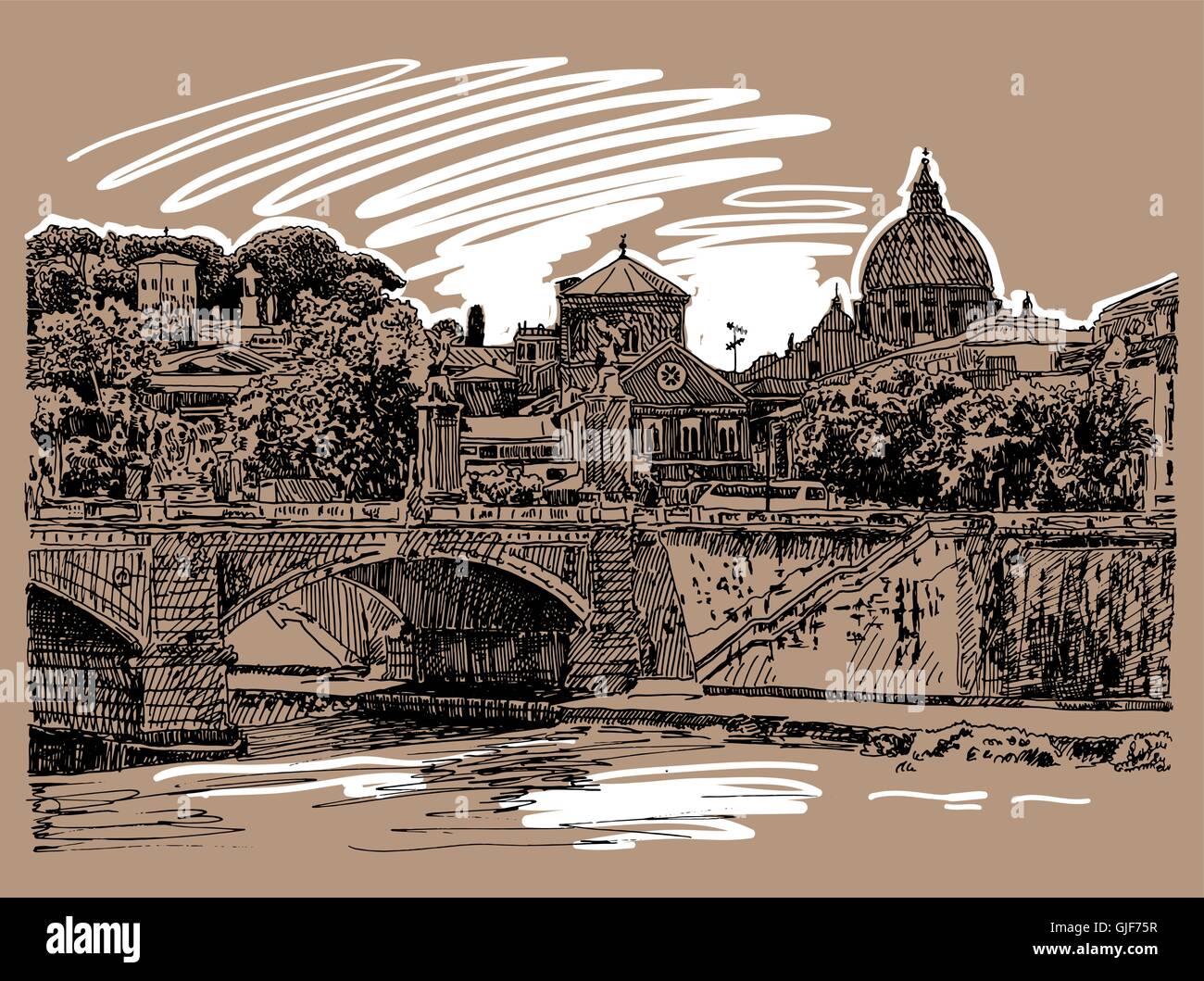 sketch drawing of Rome Italy cityscape, type of bridge in river Stock ...
