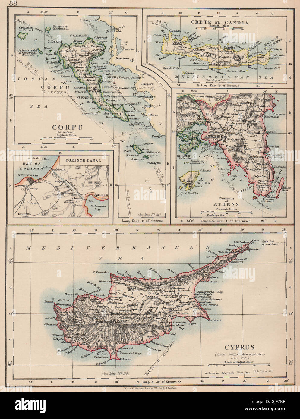 GREECE & CYPRUS.Corfu Crete Candia(Crete)Athens Corinth Canal.JOHNSTON ...