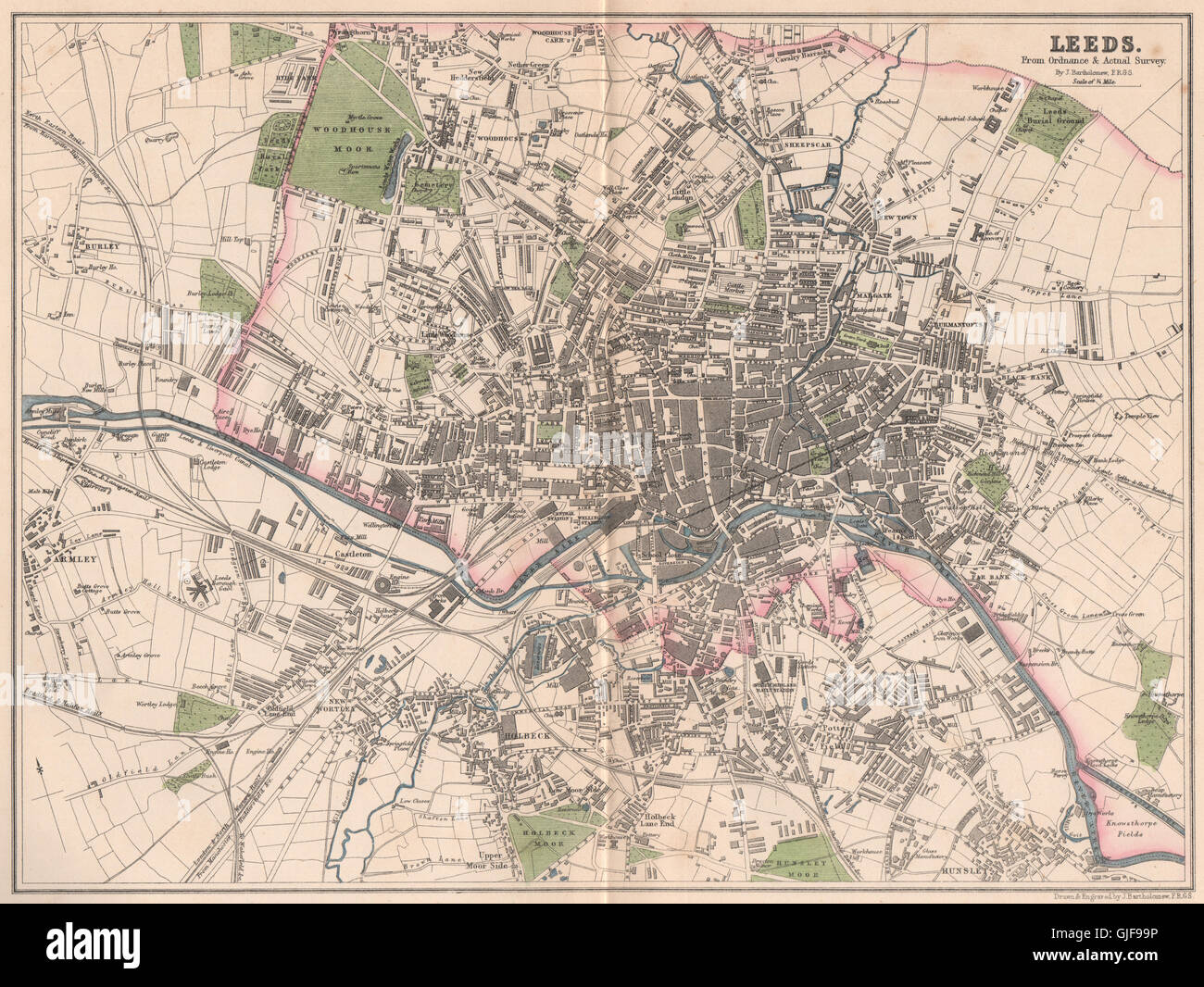 LEEDS. Antique town city plan. Yorkshire. BARTHOLOMEW, 1865 antique map ...