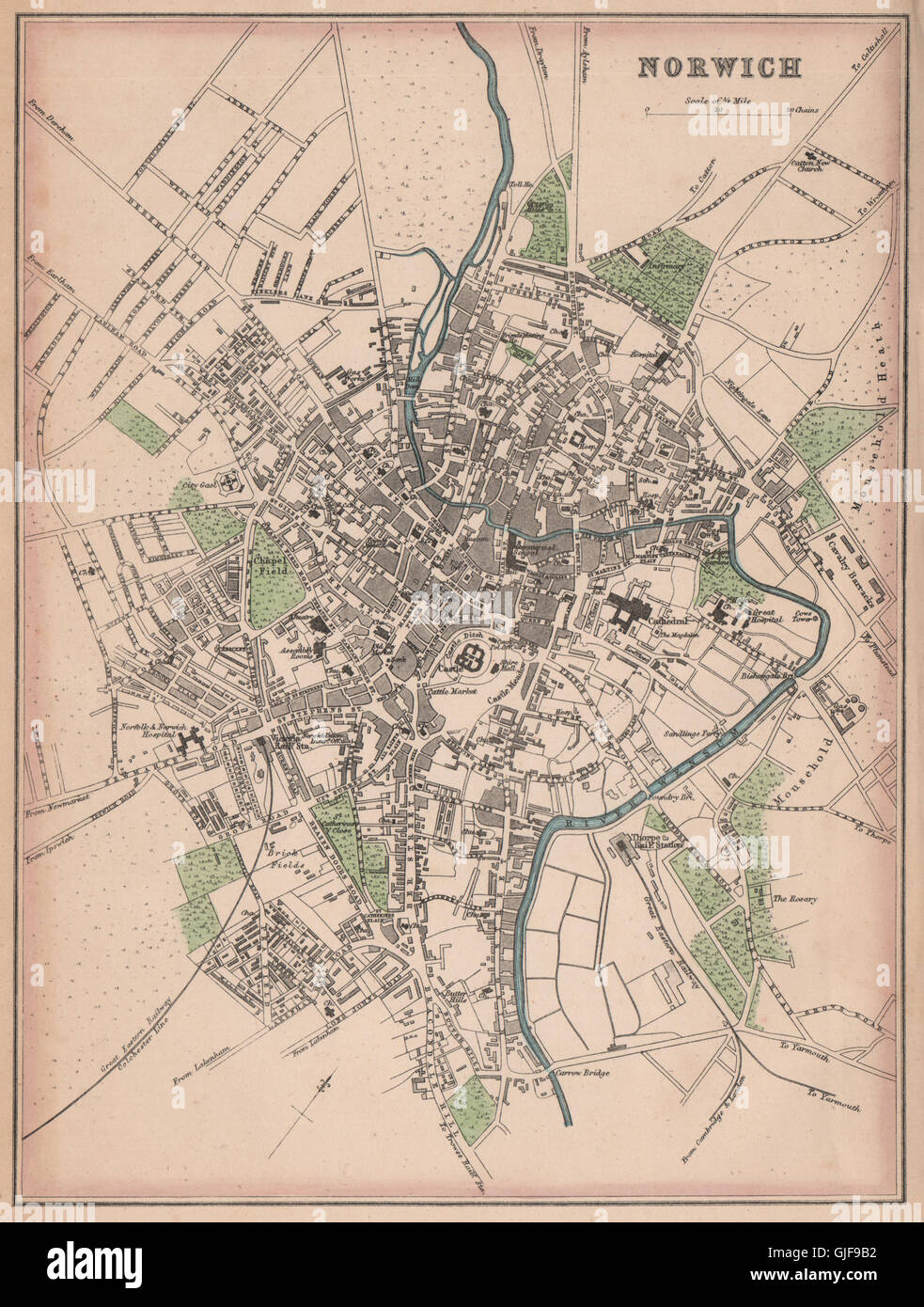 NORWICH. Antique town city plan. Norfolk. BARTHOLOMEW, 1865 antique map ...