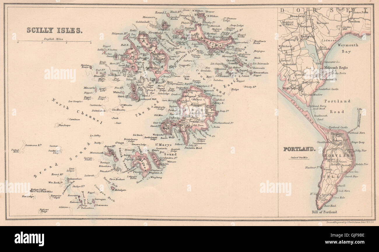 SCILLY ISLES & PORTLAND.Antique chart.Weymouth St Marys &c.BARTHOLOMEW ...