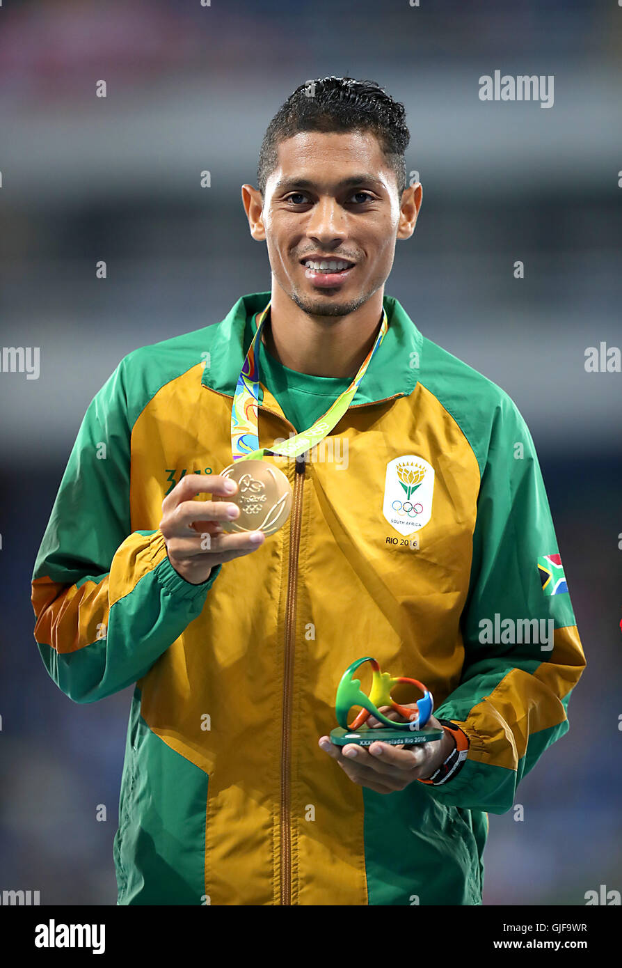 South Africa's Wayde van Niekerk poses with his gold medal for the Men ...