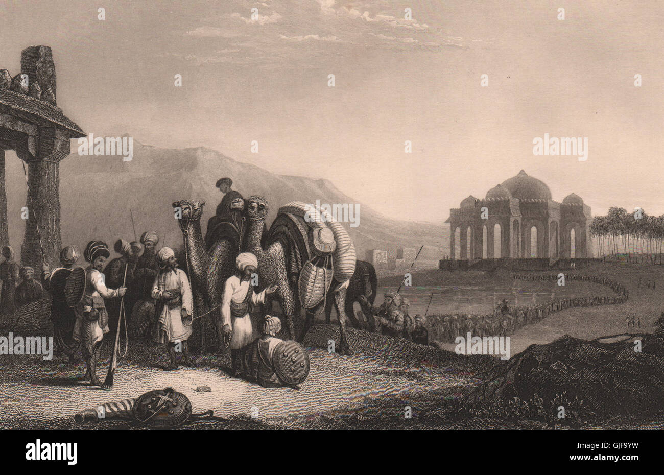 BRITISH INDIA. Scene in Kathiawar. Travellers & Escort. Camels, old ...