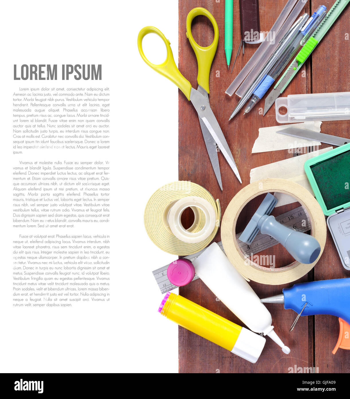 many stationery on wooden plank Stock Photo - Alamy