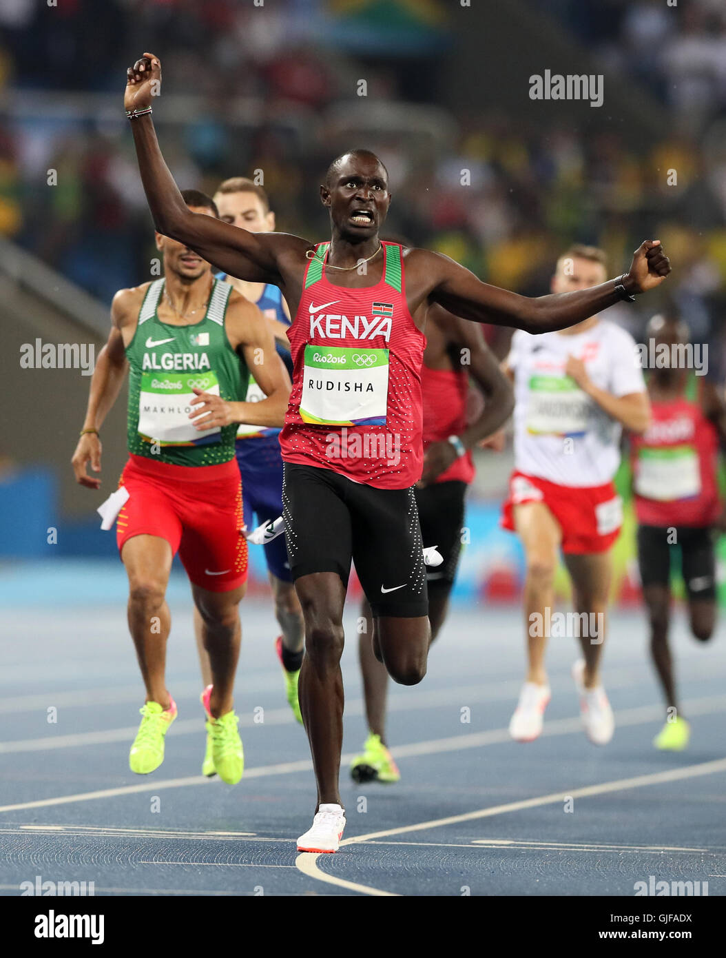Kenya's David Lekuta Rudisha (centre) celebrates winnning the men's 800 ...