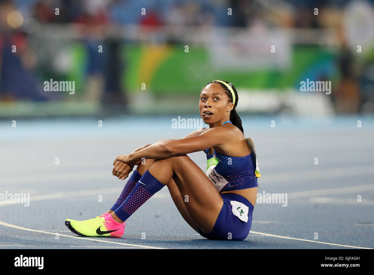 USA's Allyson Felix sits on the track after coming second in the Women ...