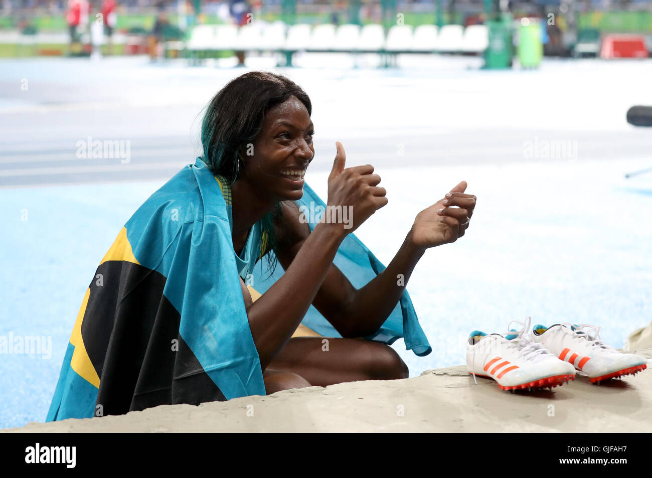Bahamas' Shaunae Miller reacts after winning the Women's 400 metres ...