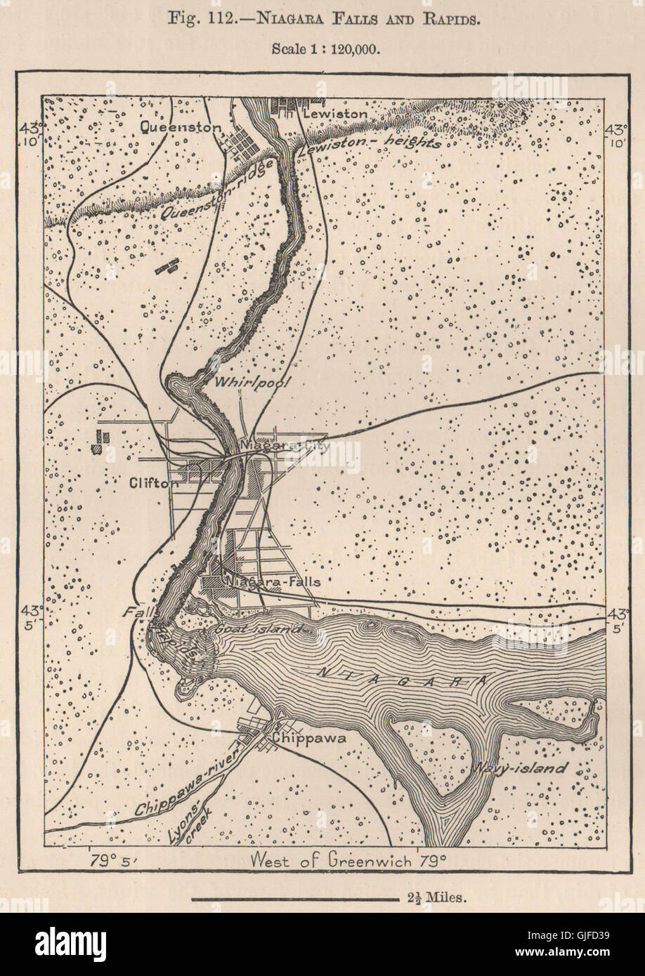 Niagara Falls and Rapids. North America. Canada, 1885 antique map Stock ...