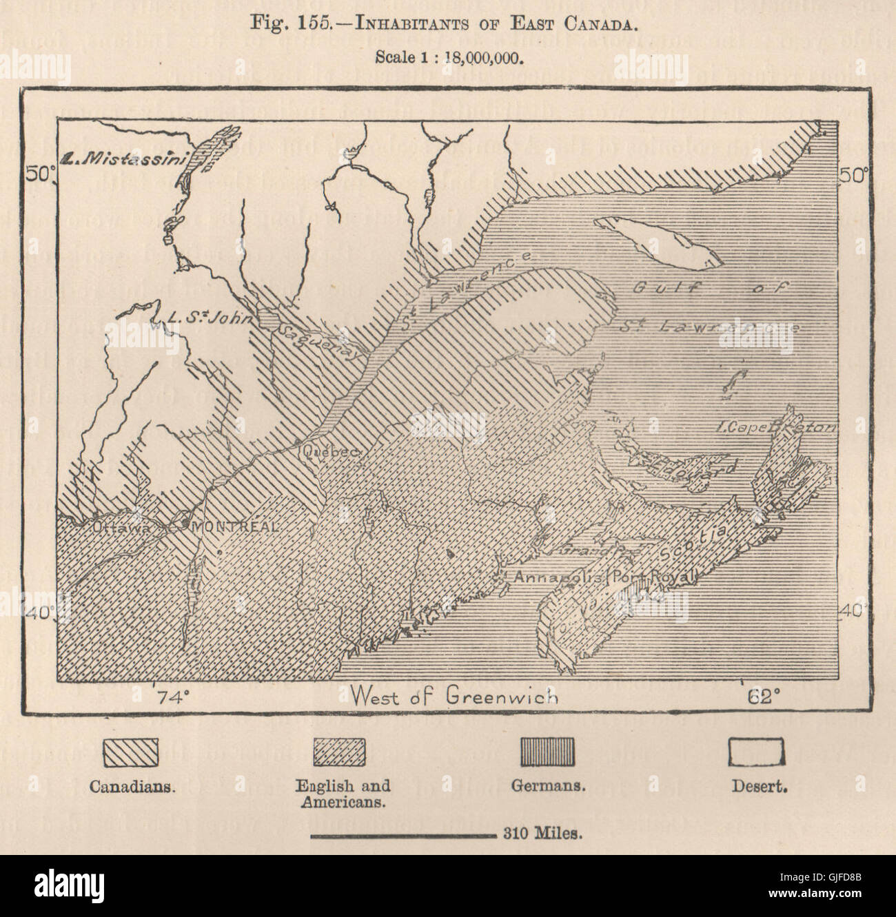 Inhabitants of East Canada, 1885 antique map Stock Photo - Alamy
