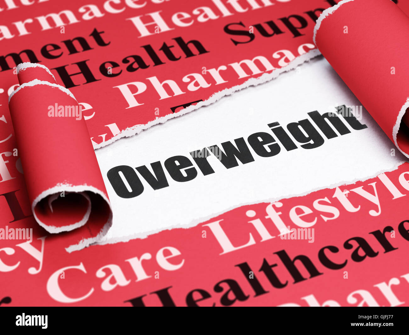 Health concept: black text Overweight under the piece of torn paper ...