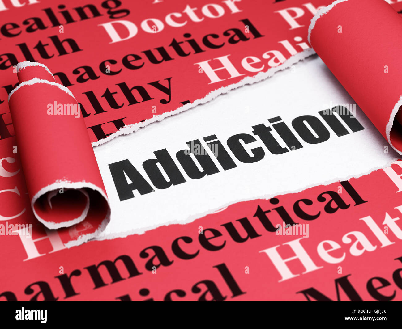 Healthcare concept: black text Addiction under the piece of torn paper ...