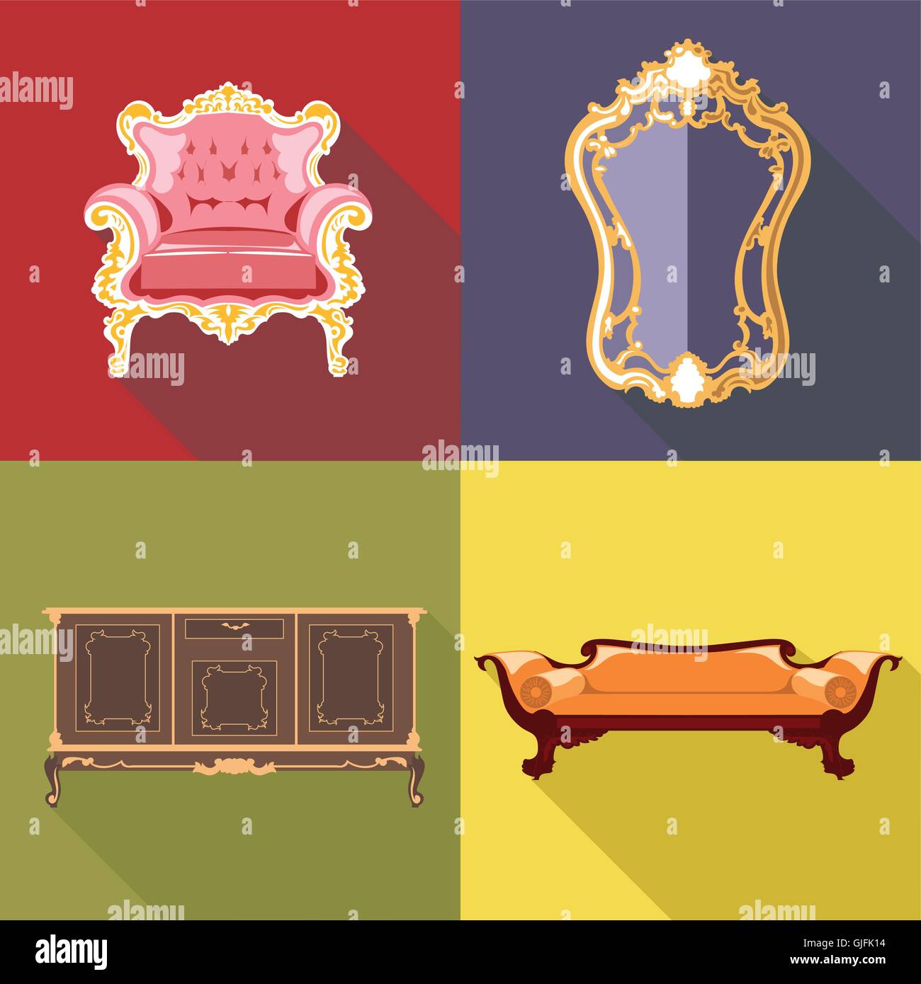 Living room home decoration icon set, flat style. Digital vector image ...