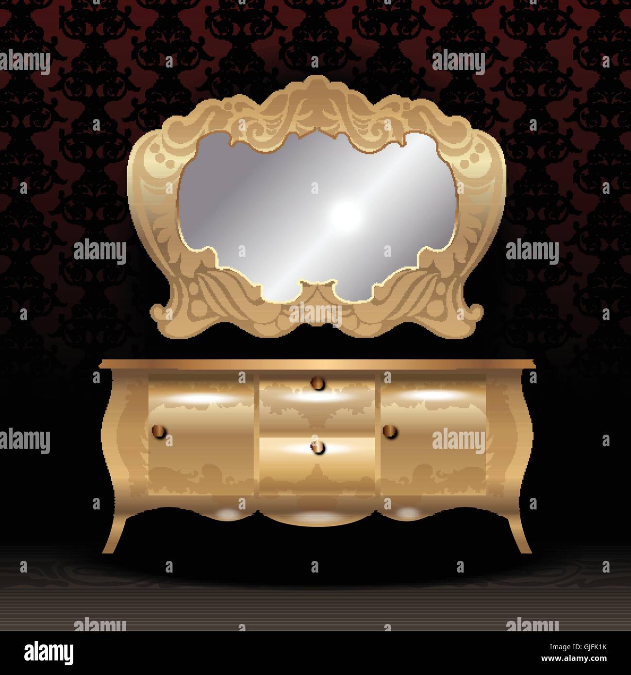 Golden royal mirror and desk, flat style over dark red background ...