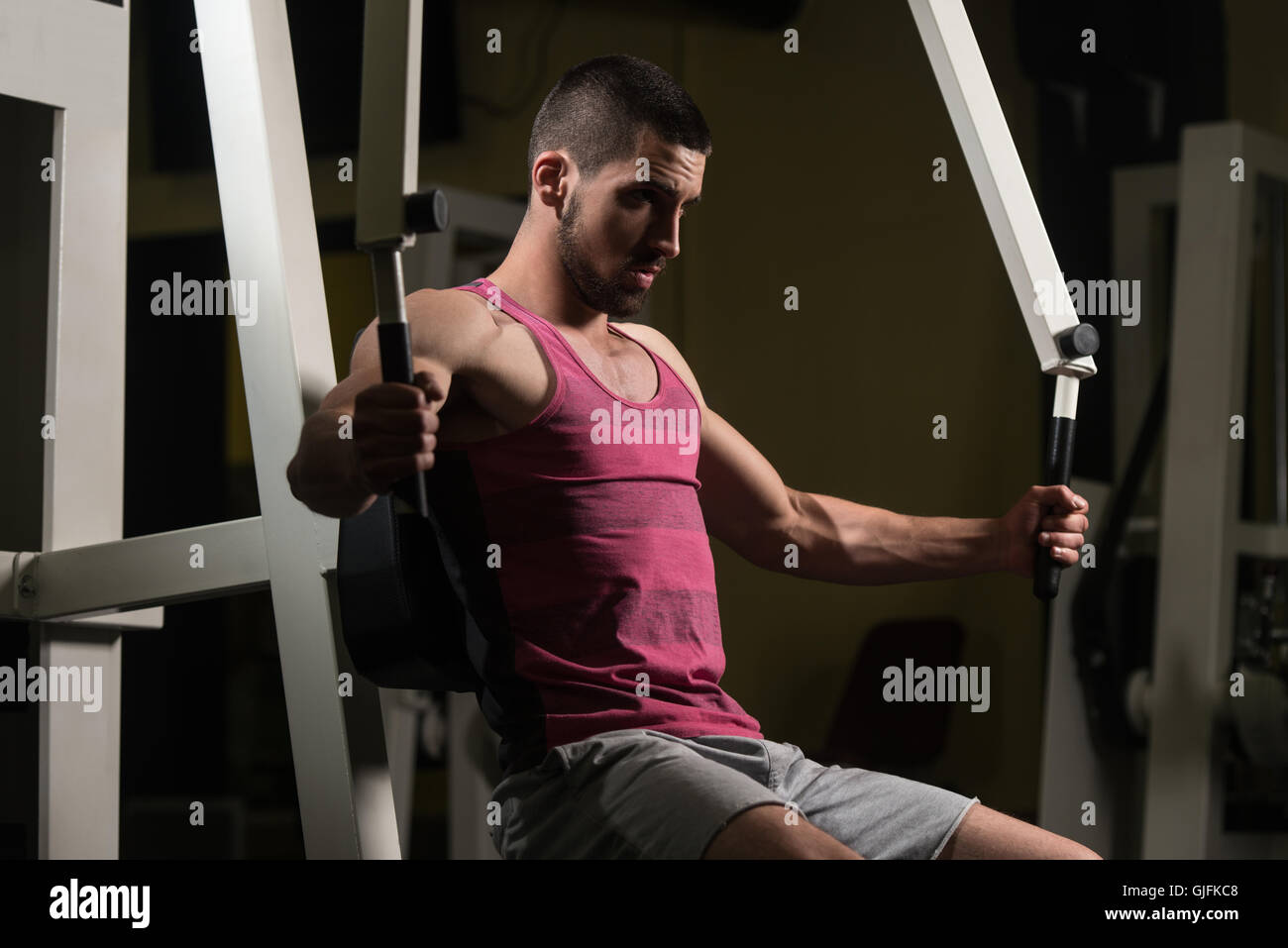 Young Bodybuilder Doing Heavy Weight Exercise For Chest On Machine ...