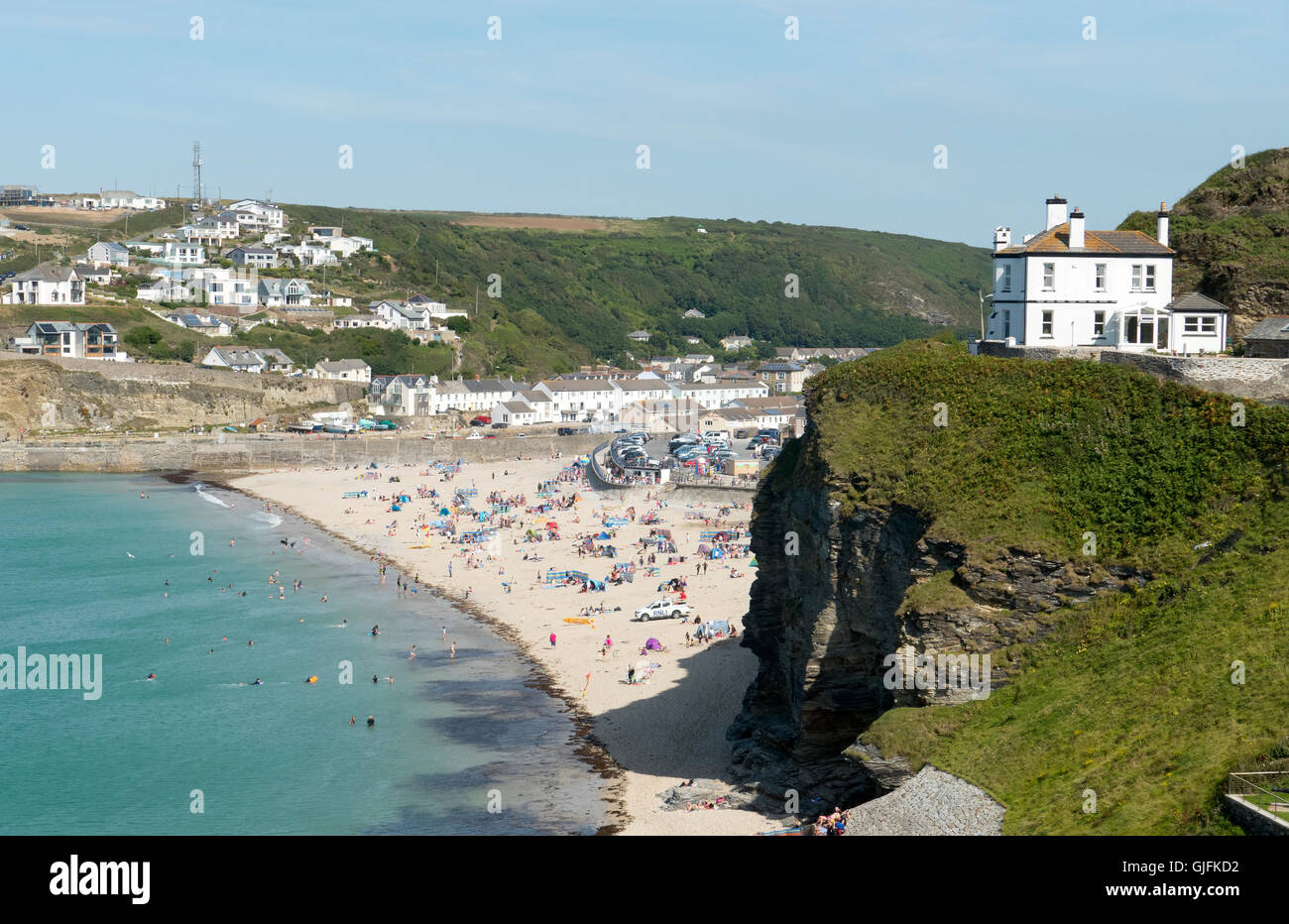 Portreath beach shore near high tide in Cornwall England. Looking down ...