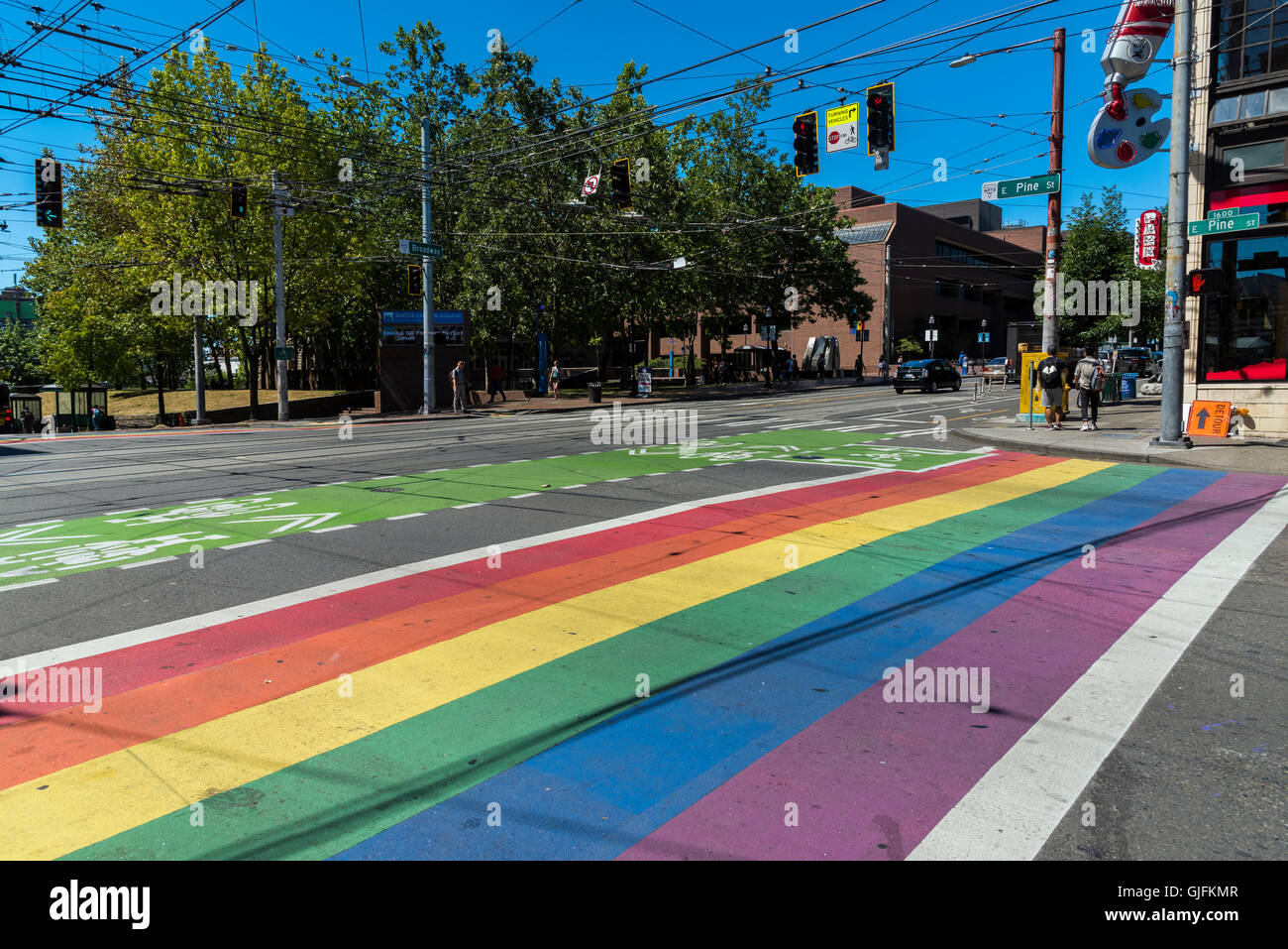Gay-themed rainbow crosswalk in Capitol Hill district, Seattle ...