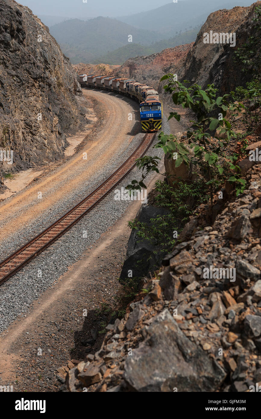 Transporting and managing iron ore. 4 locomotives hauling 100 wagon ore ...