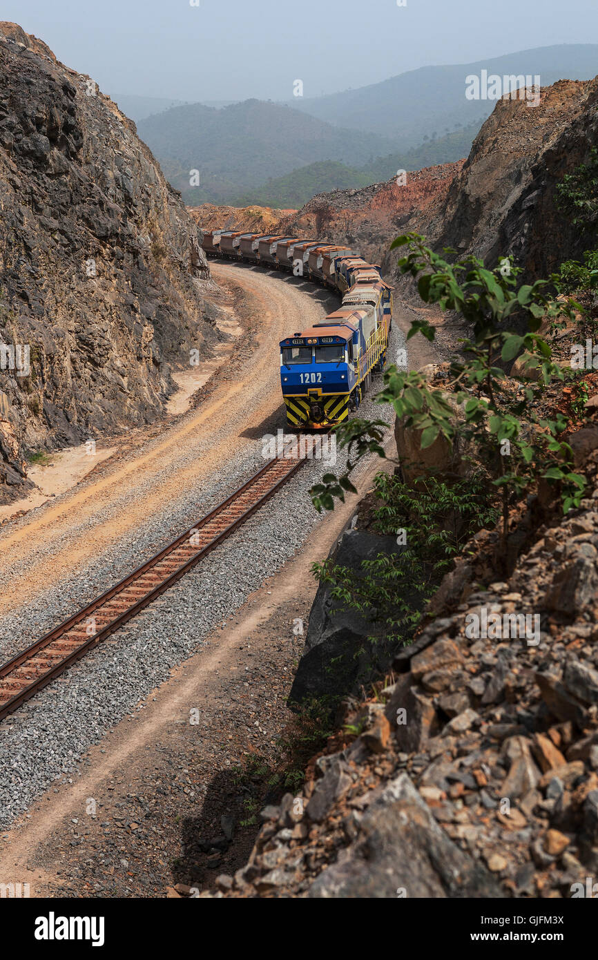 Transporting and managing iron ore. 4 locomotives hauling 100 wagon ore ...