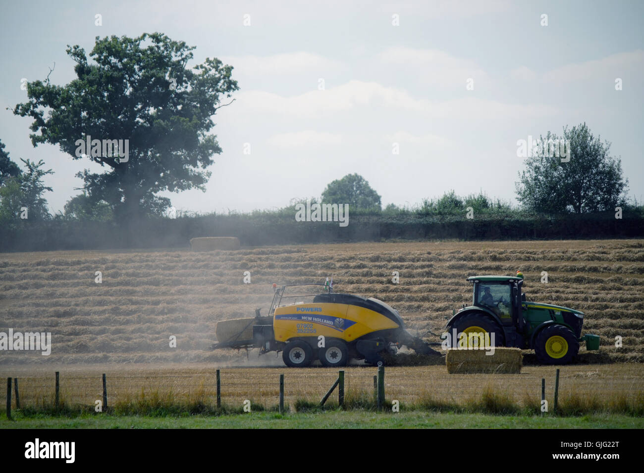 Tractor Bailing hay in the midday sun Stock Photo - Alamy