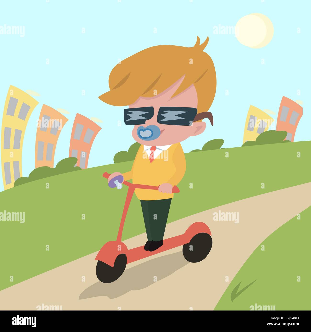modern toddler riding scooter - funny cartoon illustration Stock Vector ...