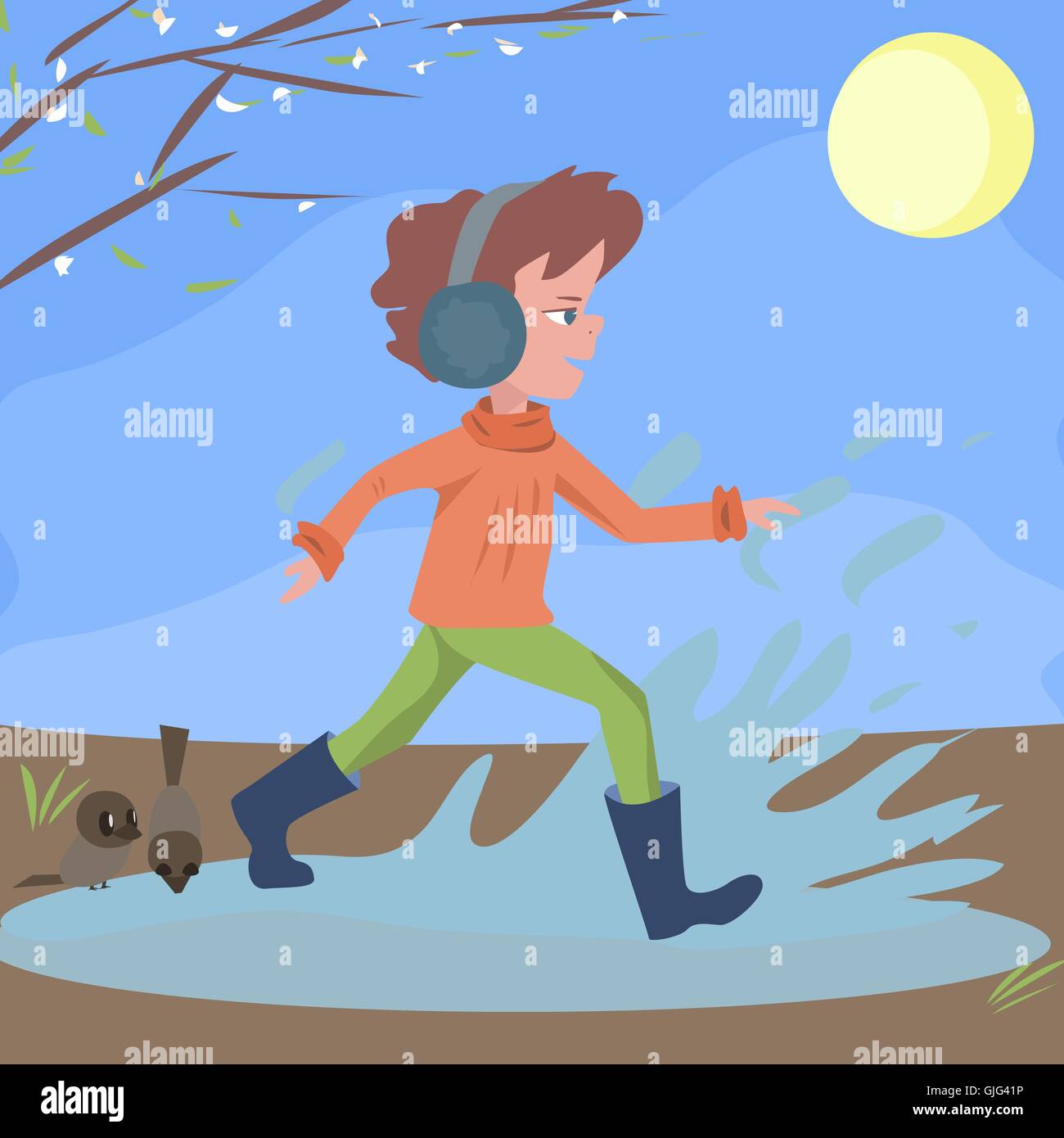 kid runs through the puddles at spring day - cute cartoon illustration ... kid runs through the puddles at spring day - cute cartoon illustration ...