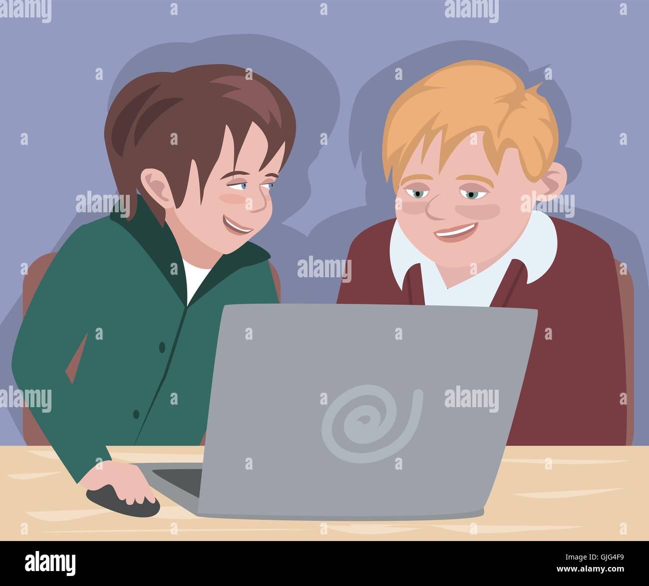 two boys in front of computer - cute cartoon illustration Stock Vector ...