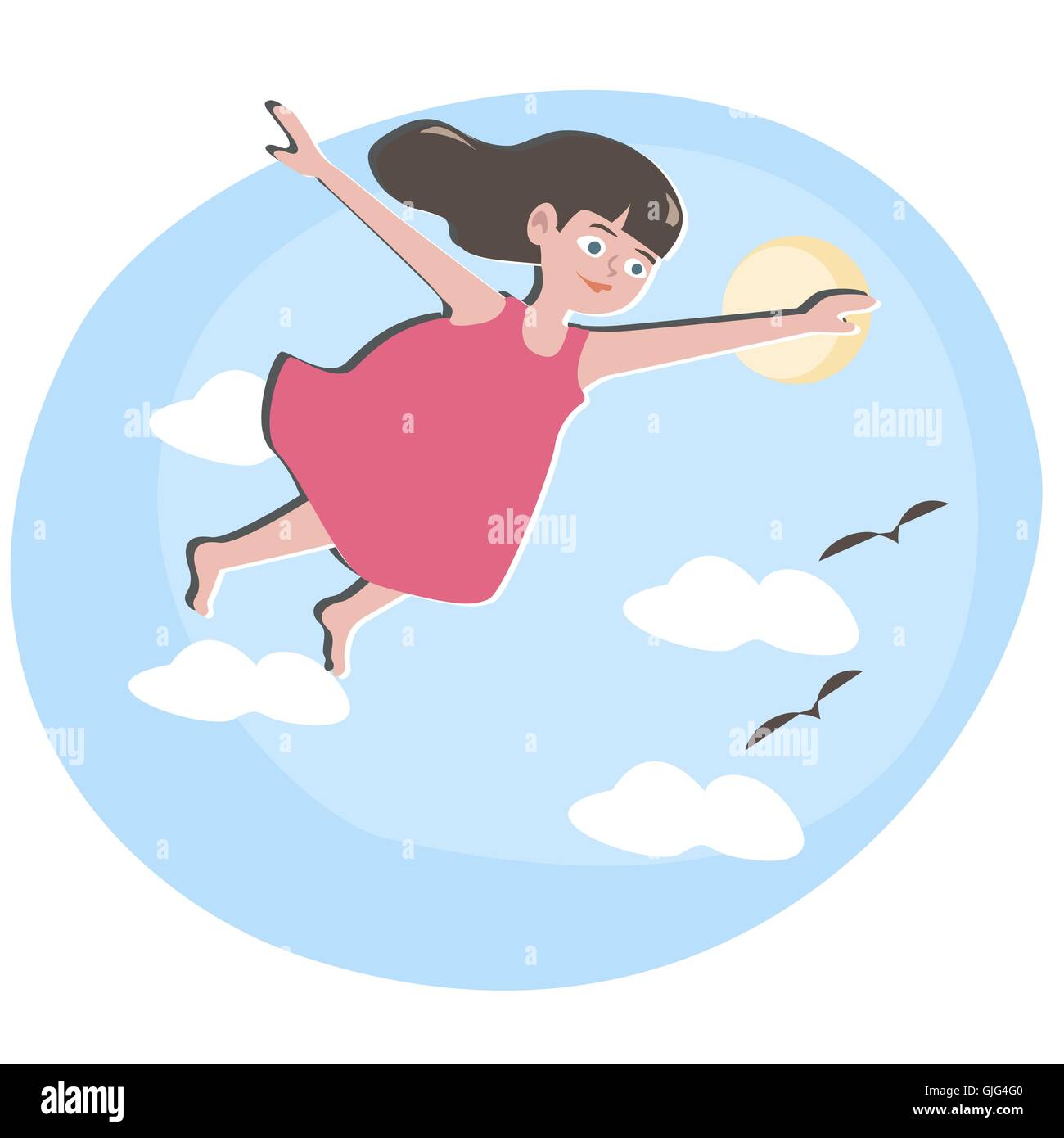 small girl flying in blue sky - cute cartoon illustration Stock Vector ...