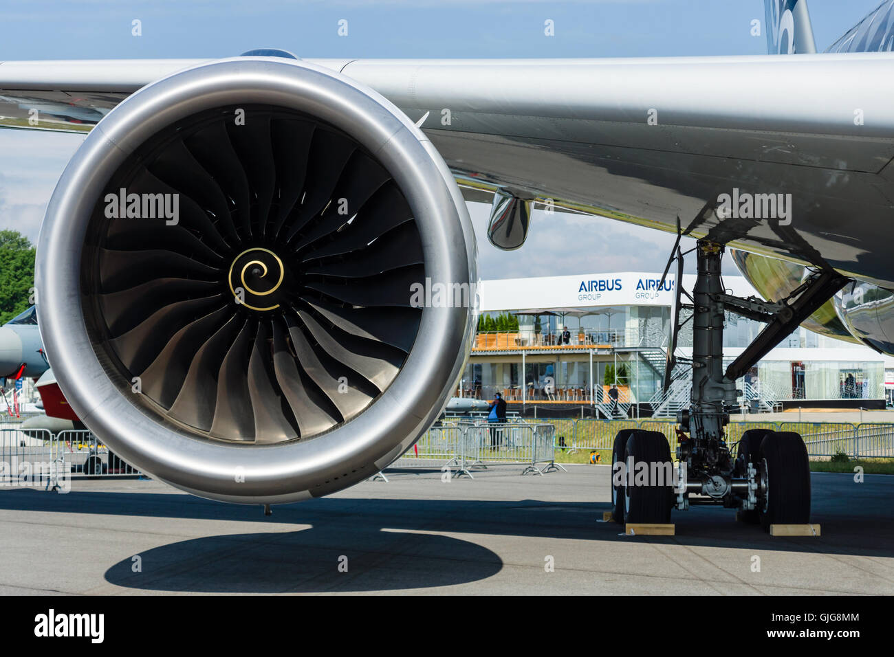 Turbofan engine of the newest airplane Airbus A350-900 XWB Stock Photo ...