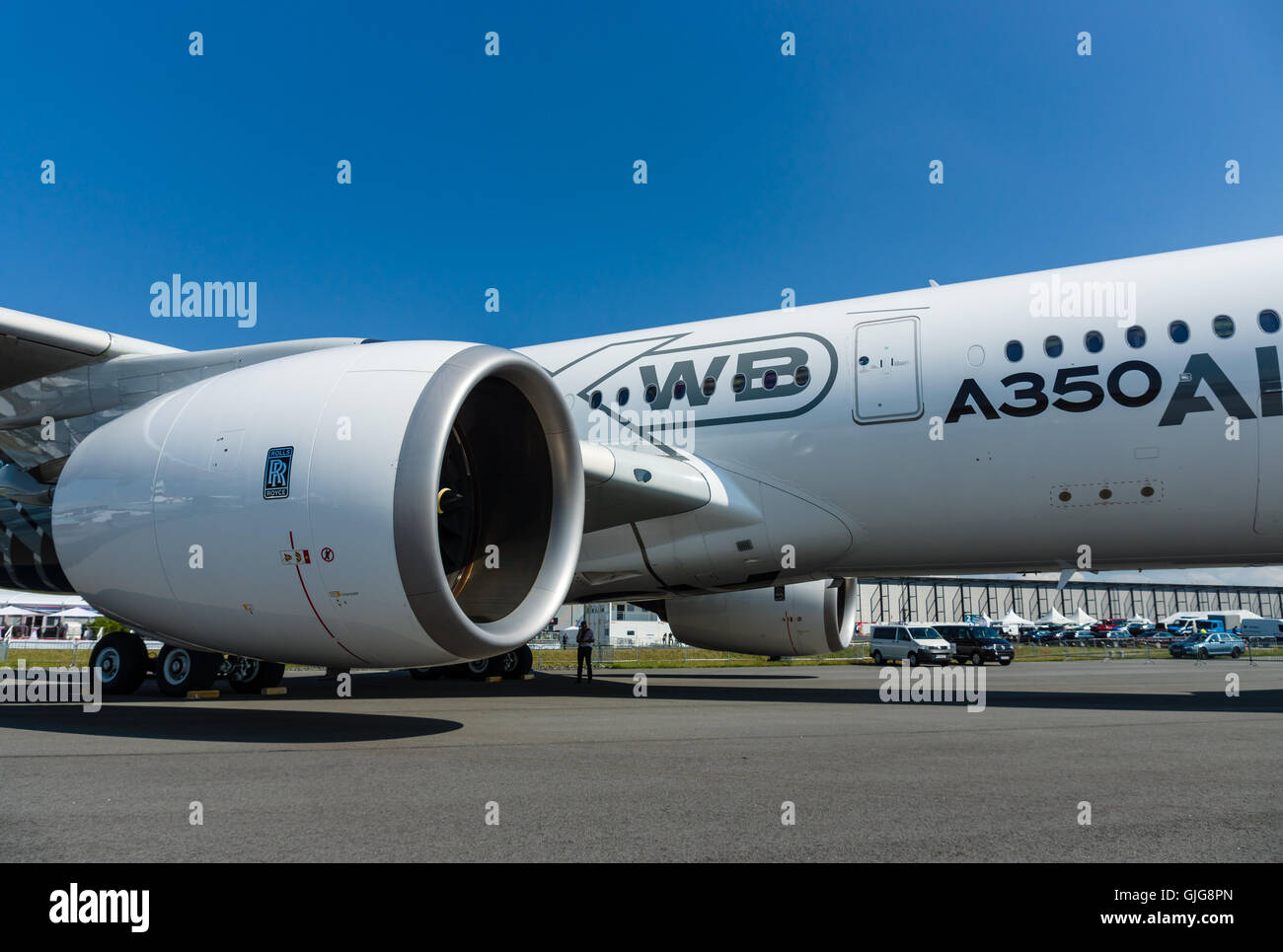 Turbofan engine of the newest airplane Airbus A350-900 XWB Stock Photo ...