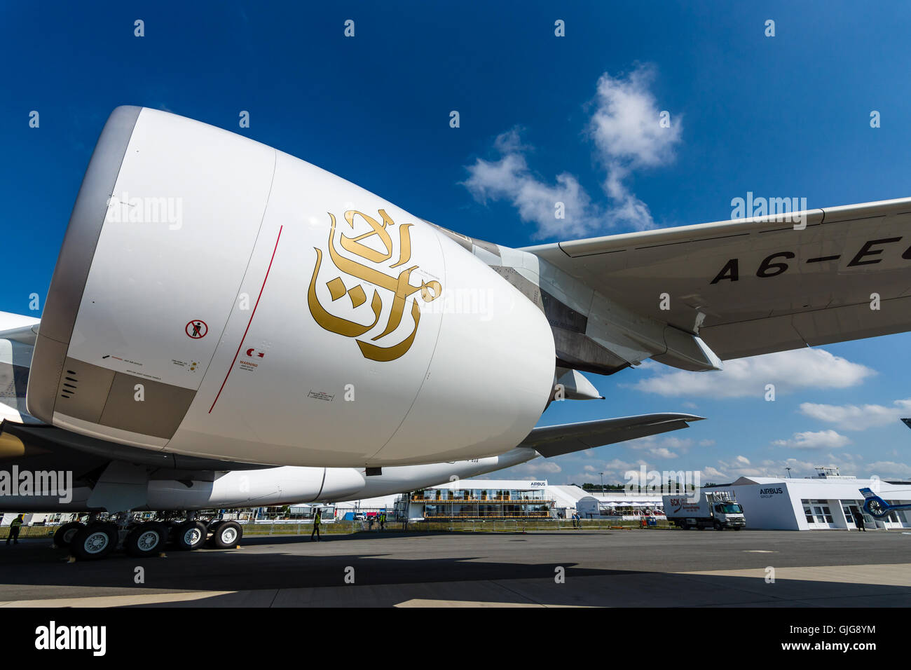 Detail of the wing and a turbofan engine "Engine Alliance GP7000" of ...