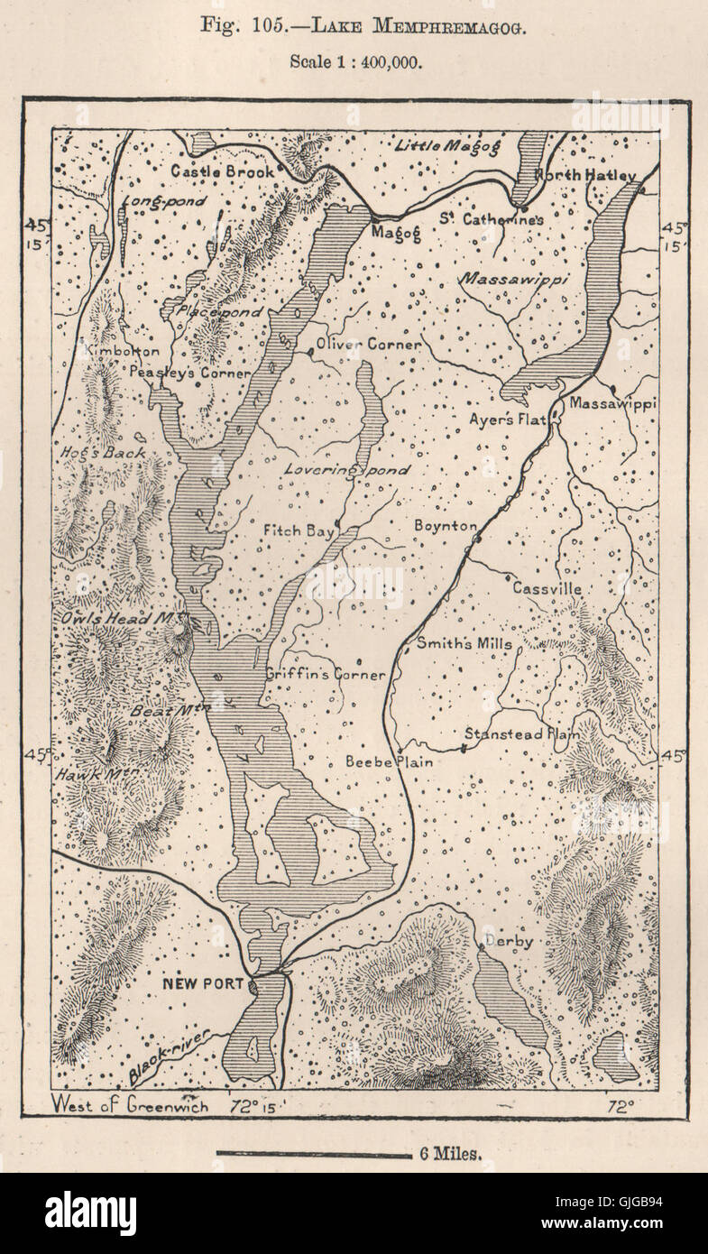 Lake Memphremagog. Vermont/Quebec. Canada, 1885 antique map Stock Photo ...