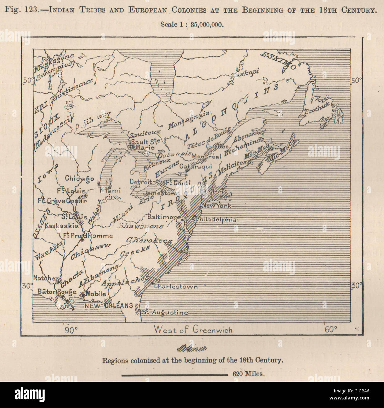North America. Indian Tribes & European Colonies, c1700. Canada USA ...