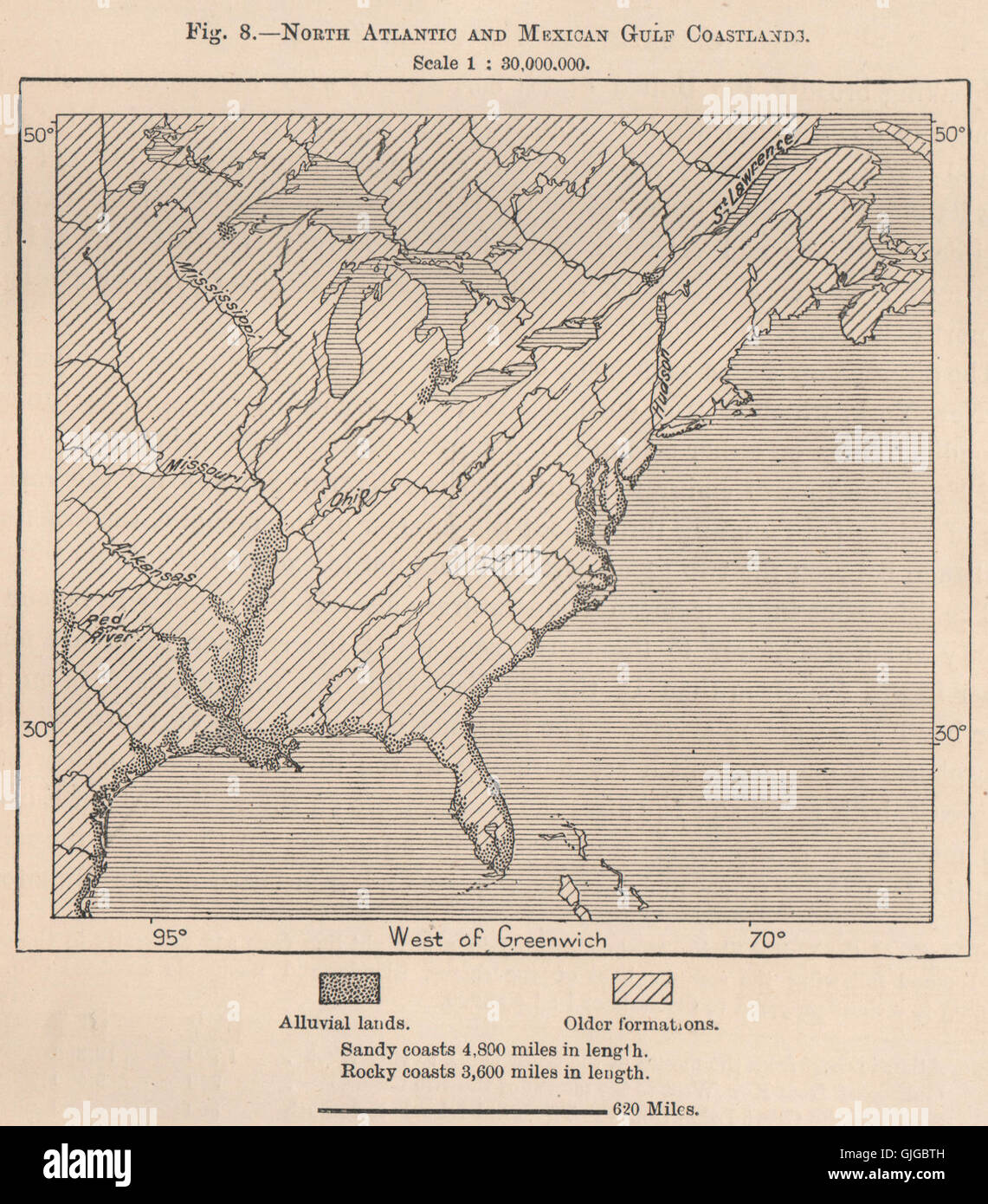 North Atlantic and Gulf of Mexico Coastland. USA, 1885 antique map ...
