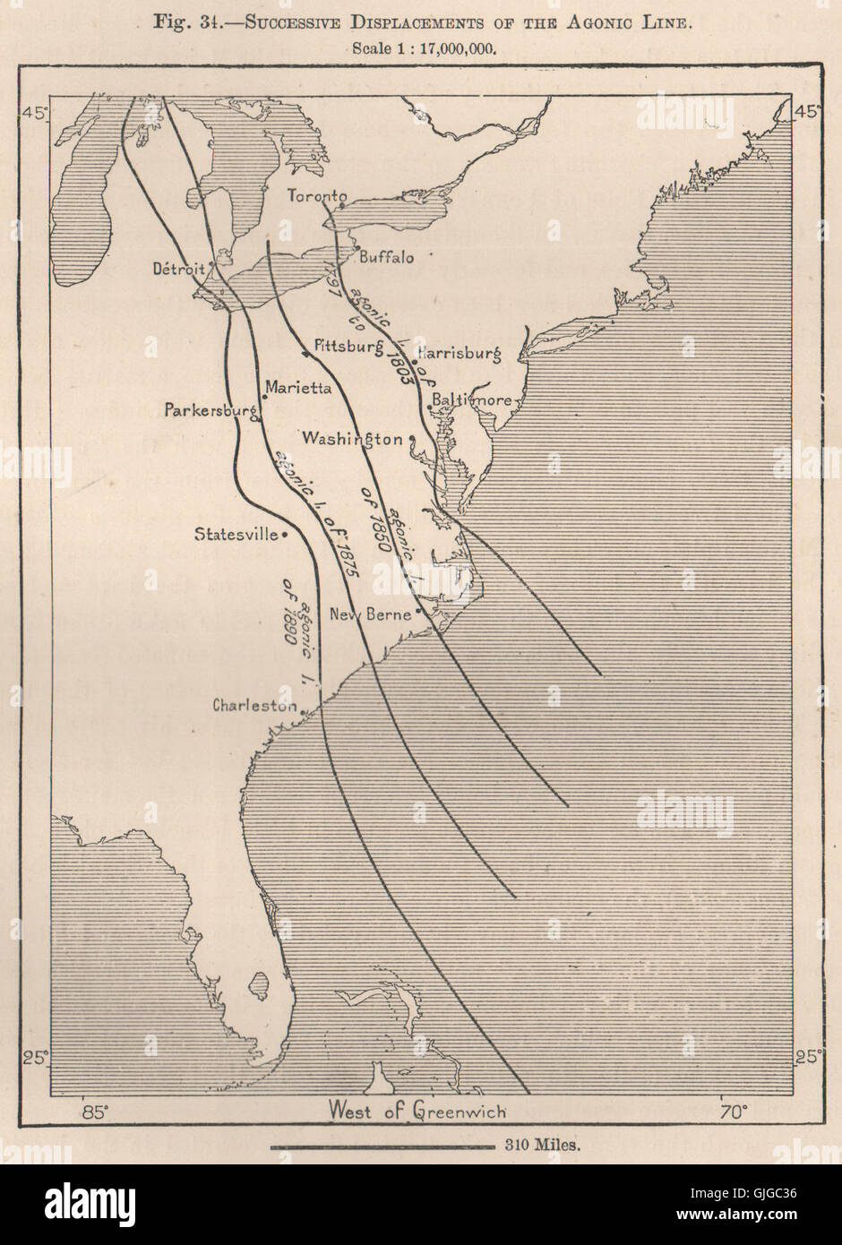 Successive displacements of the Agonic Line. USA, 1885 antique map ...