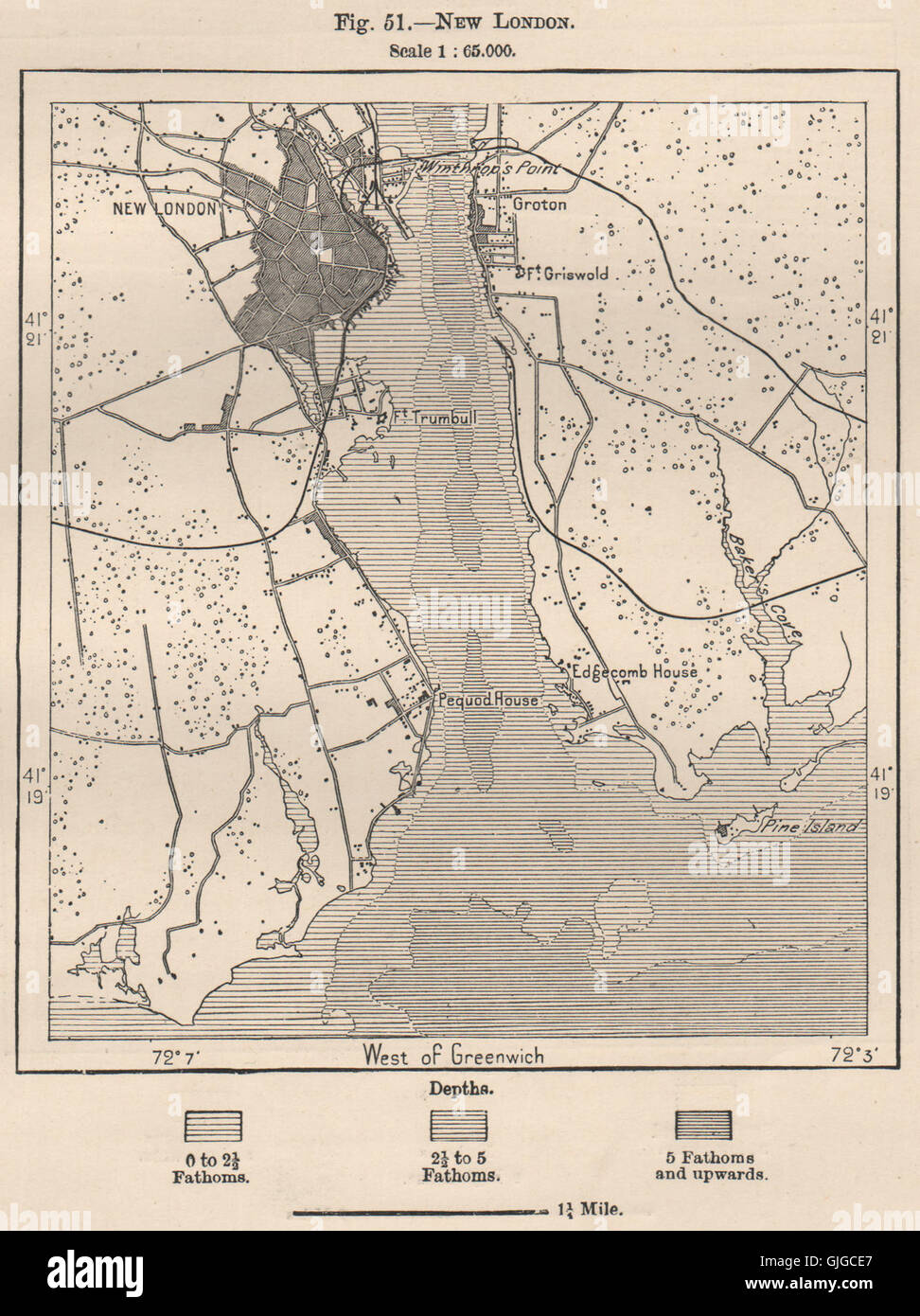 New London. Connecticut, 1885 antique map Stock Photo - Alamy