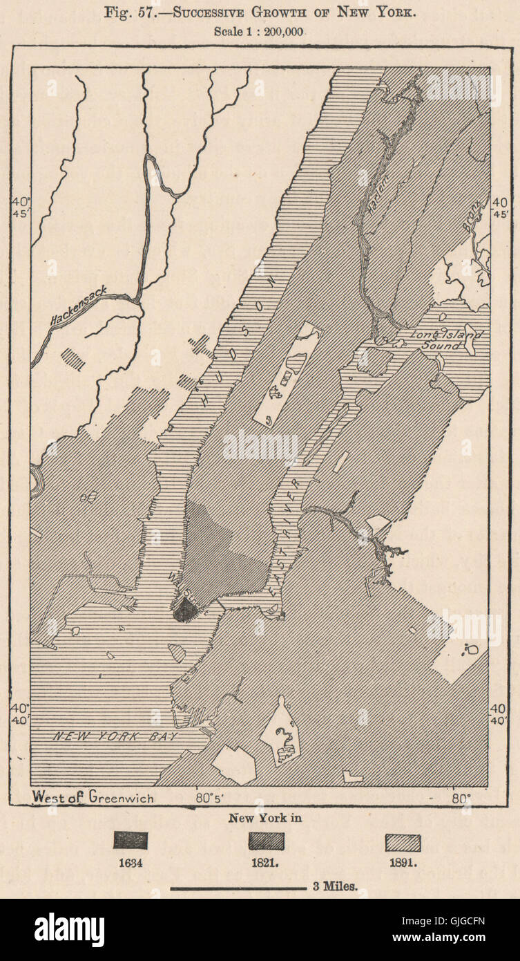Successive growth of New York, 1885 antique map Stock Photo - Alamy