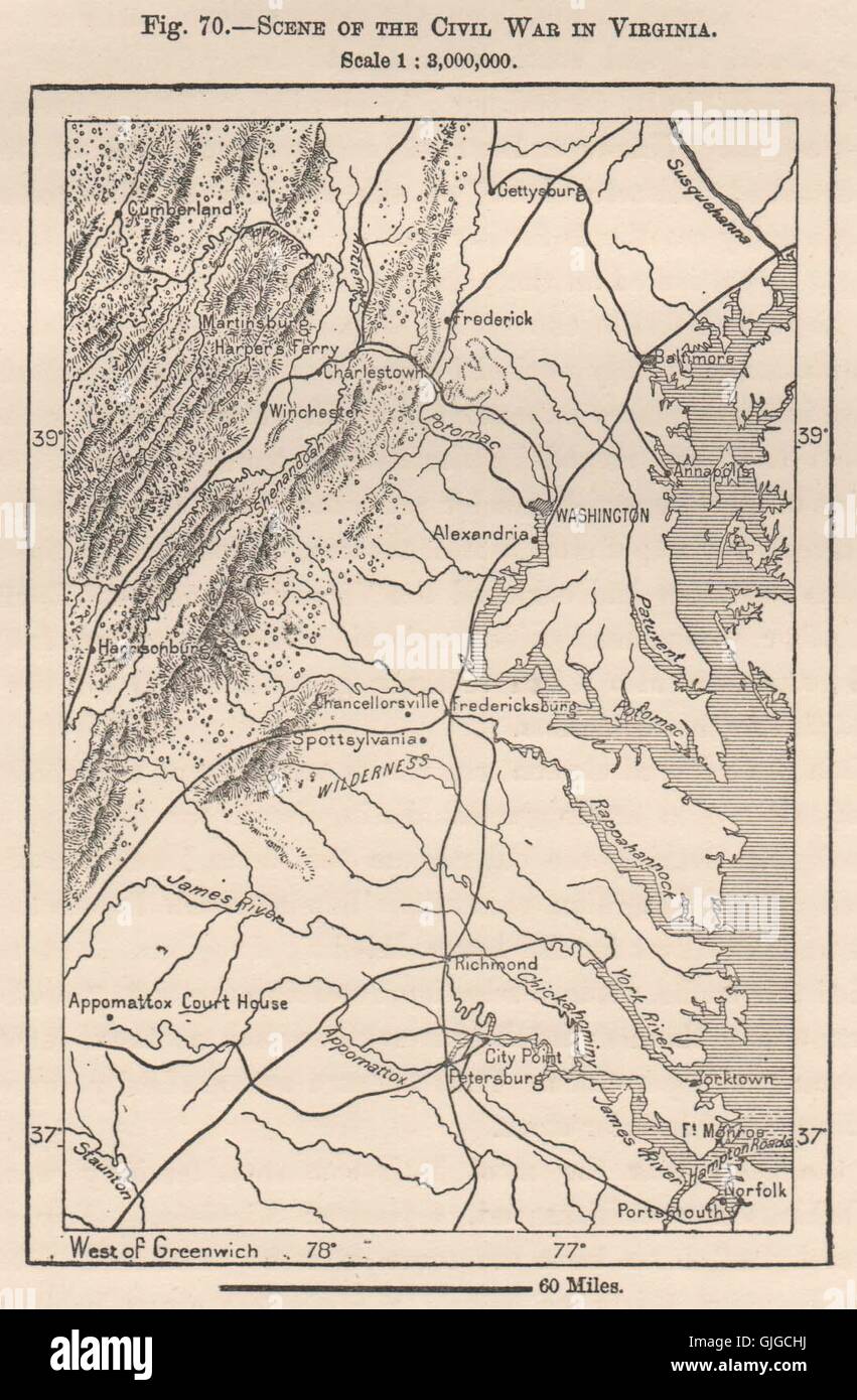 Scene of the Civil war in Virginia, 1885 antique map Stock Photo - Alamy