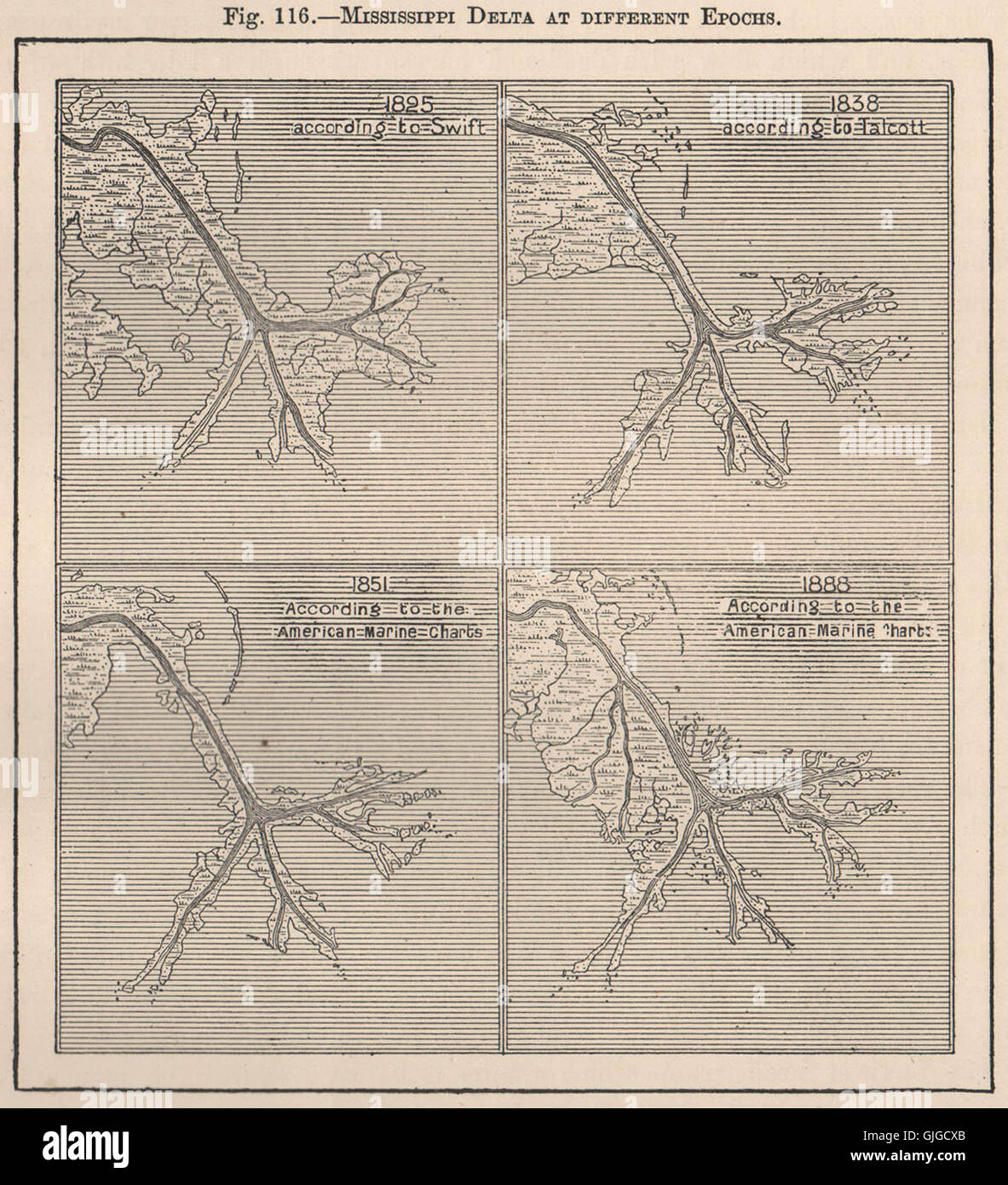 Mississippi Delta at different epochs. Louisiana, 1885 antique map ...