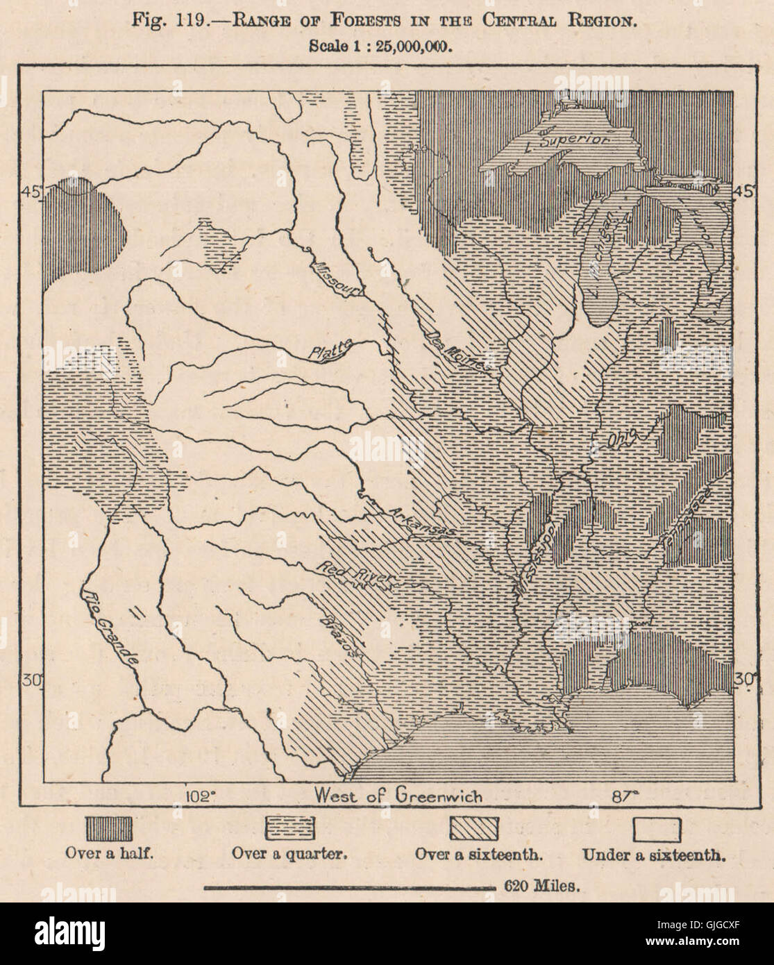 Range of Forests in the central region. USA, 1885 antique map Stock ...