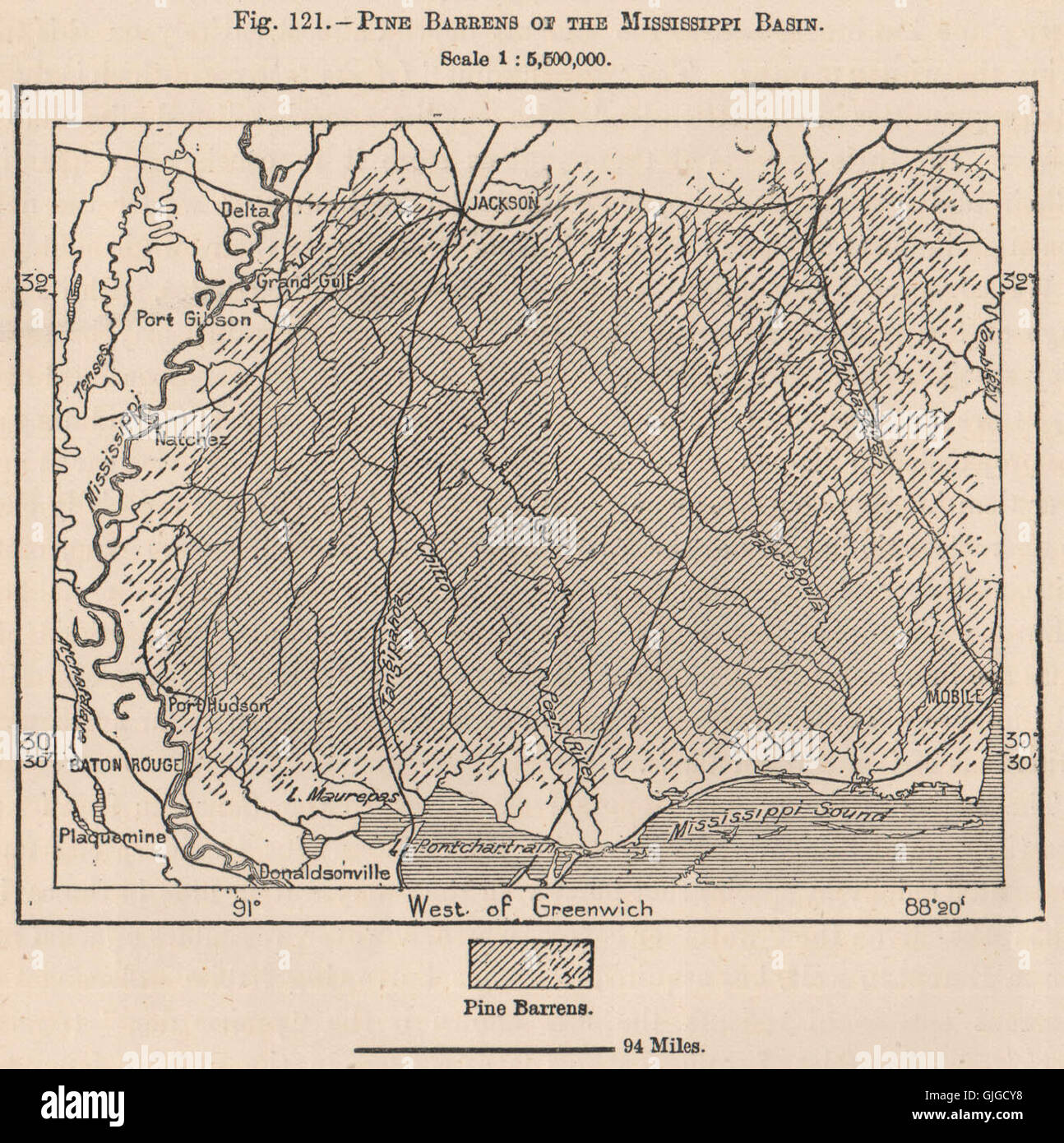 Pine Barrens of the Mississippi Basin. USA, 1885 antique map Stock ...