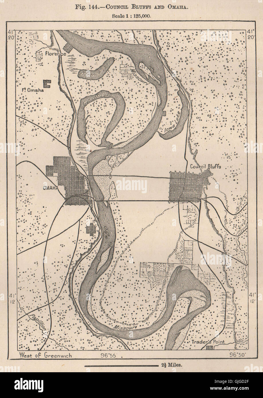 Council Bluffs and Omaha. Nebraska, 1885 antique map Stock Photo - Alamy