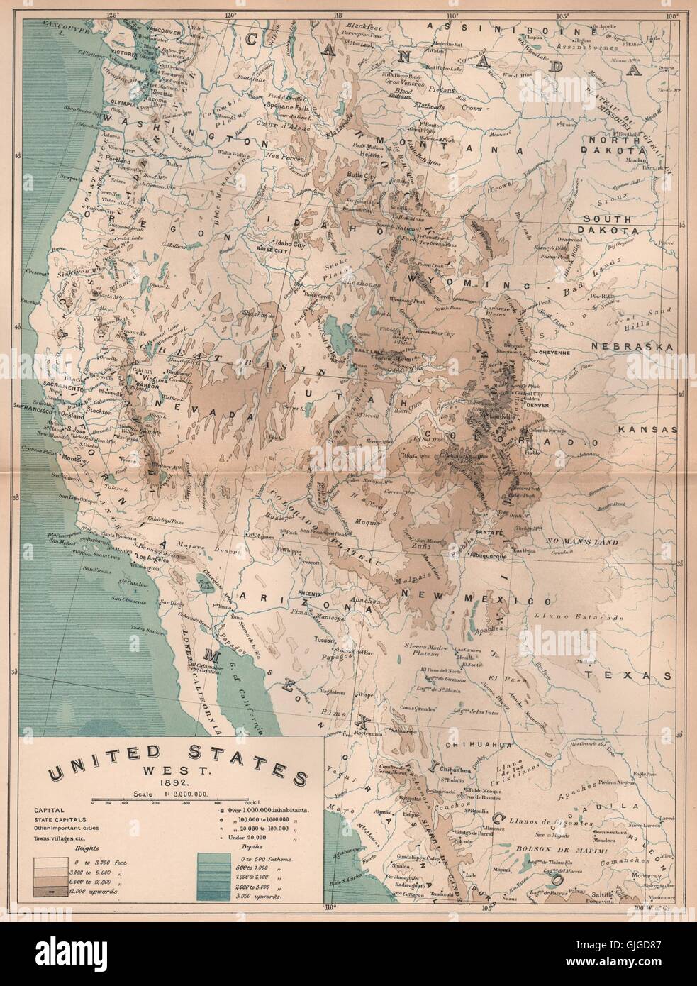 United States West. 1892. USA, 1885 antique map Stock Photo - Alamy