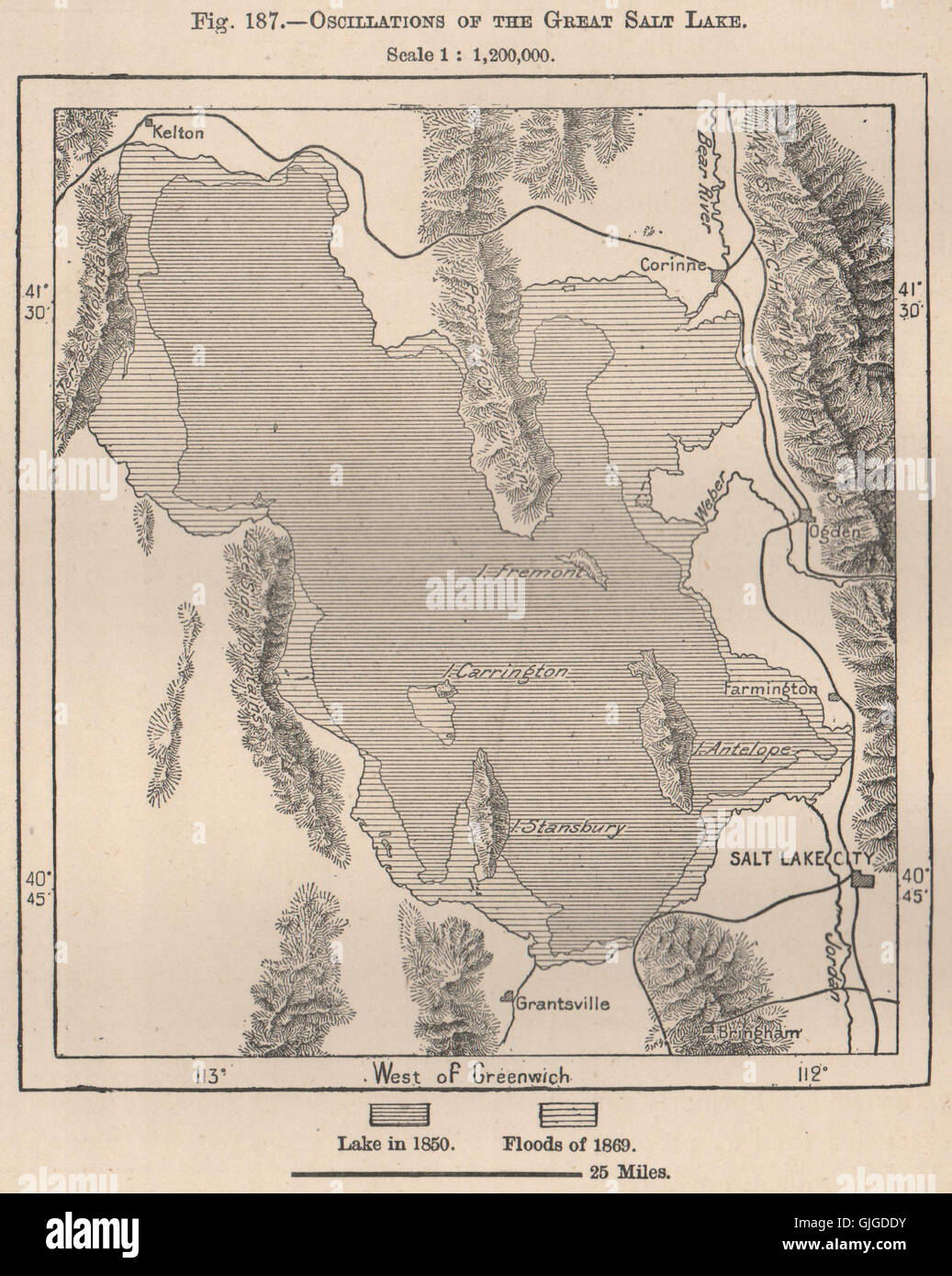 Oscillations of the Great Salt Lake. Utah, 1885 antique map Stock Photo ...